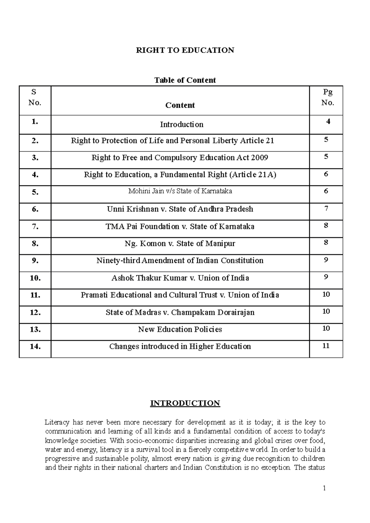 Right TO Education - RIGHT TO EDUCATION Table of Content S No. Content ...