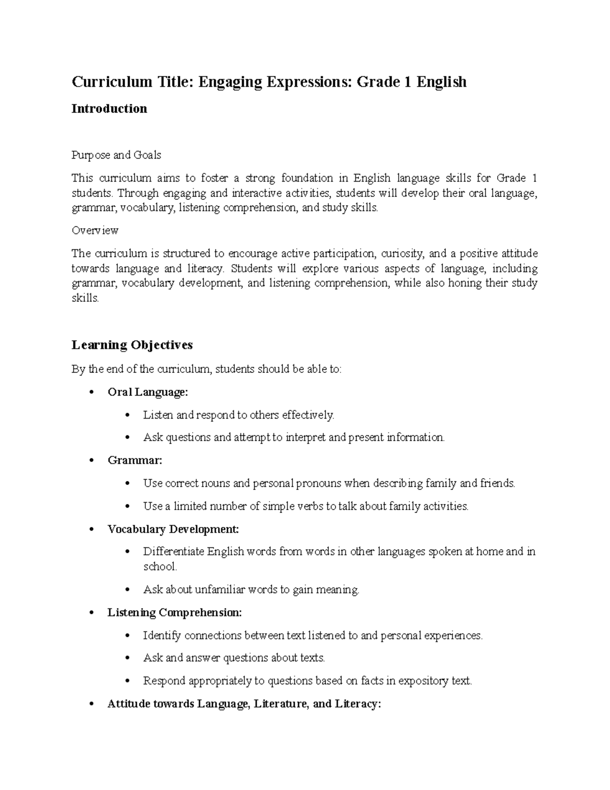 English GRade 1 - Curriculum Title: Engaging Expressions: Grade 1 ...