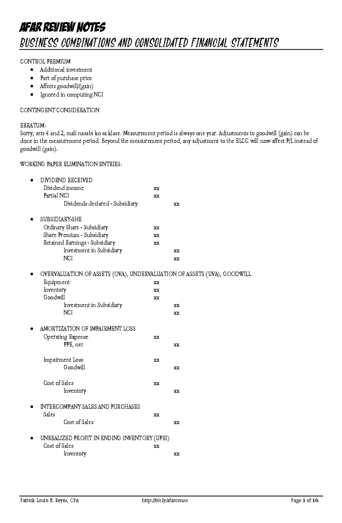 AFAR Review Notes - AFAR REVIEW NOTES Business combinations and ...