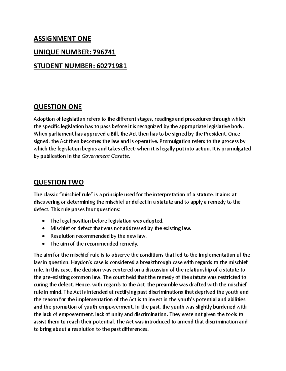 Assignment one-ios2601 - ASSIGNMENT ONE UNIQUE NUMBER: 796741 STUDENT NUMBER: 60271981 QUESTION ...