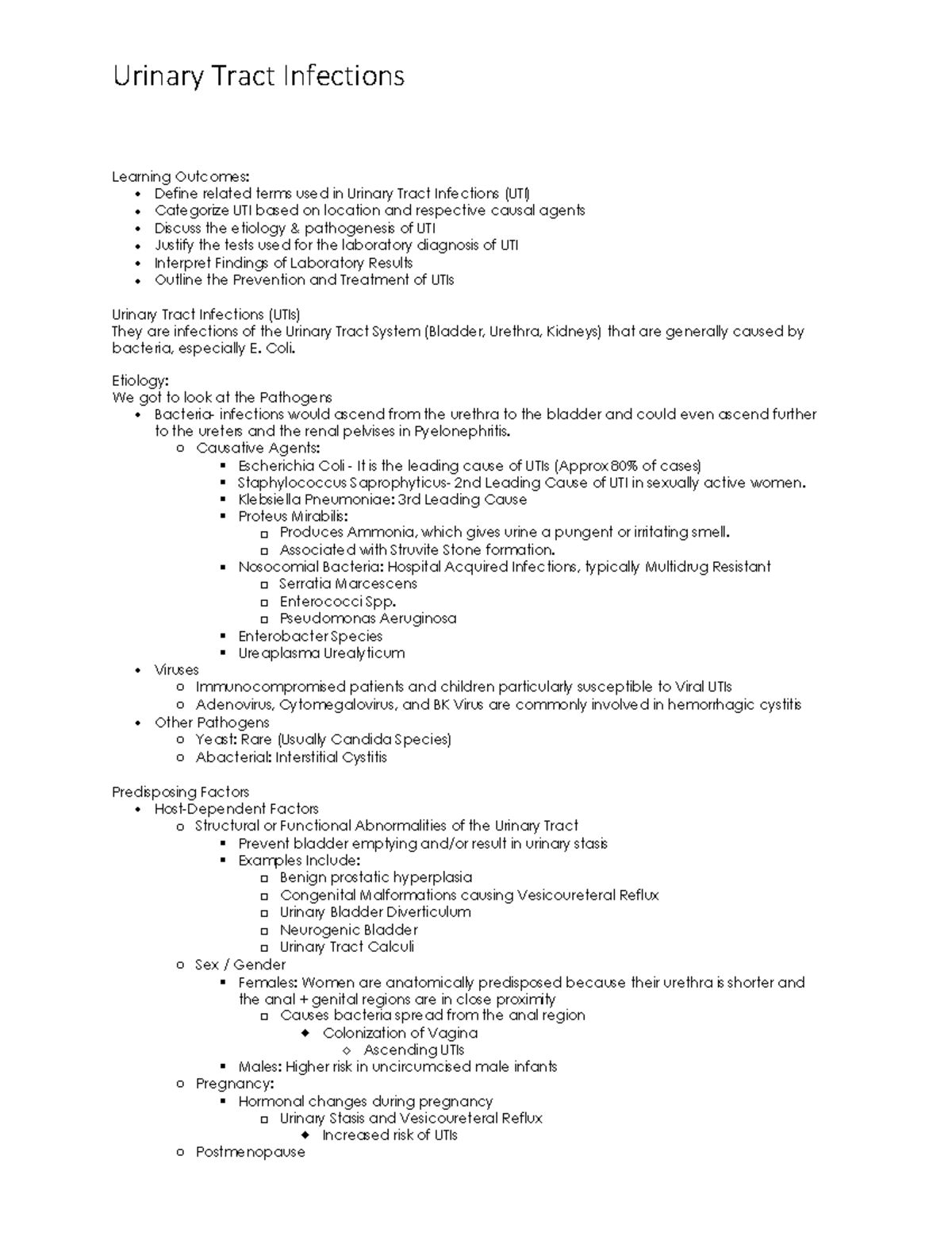 UTI NOtes - Learning Outcomes: - Define related terms used in Urinary ...