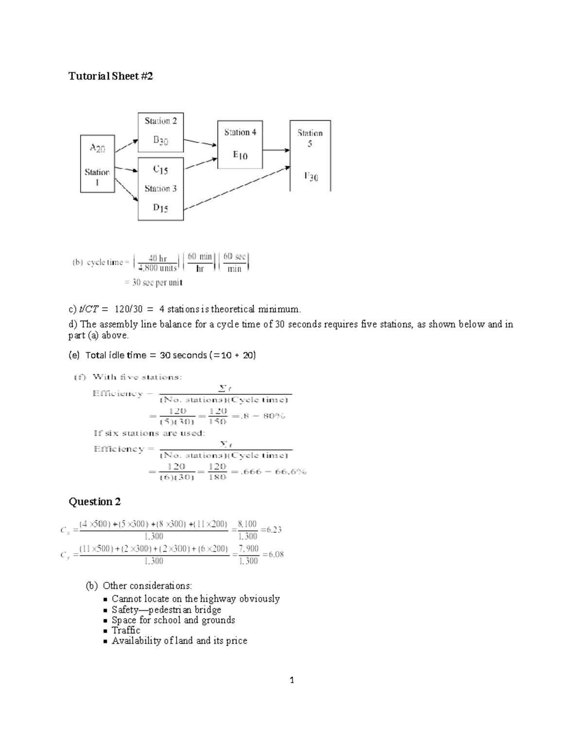 Tutorial sheet #2 - Solution - Tutorial Sheet c) t/CT 120/30 4 stations is theoretical minimum ...