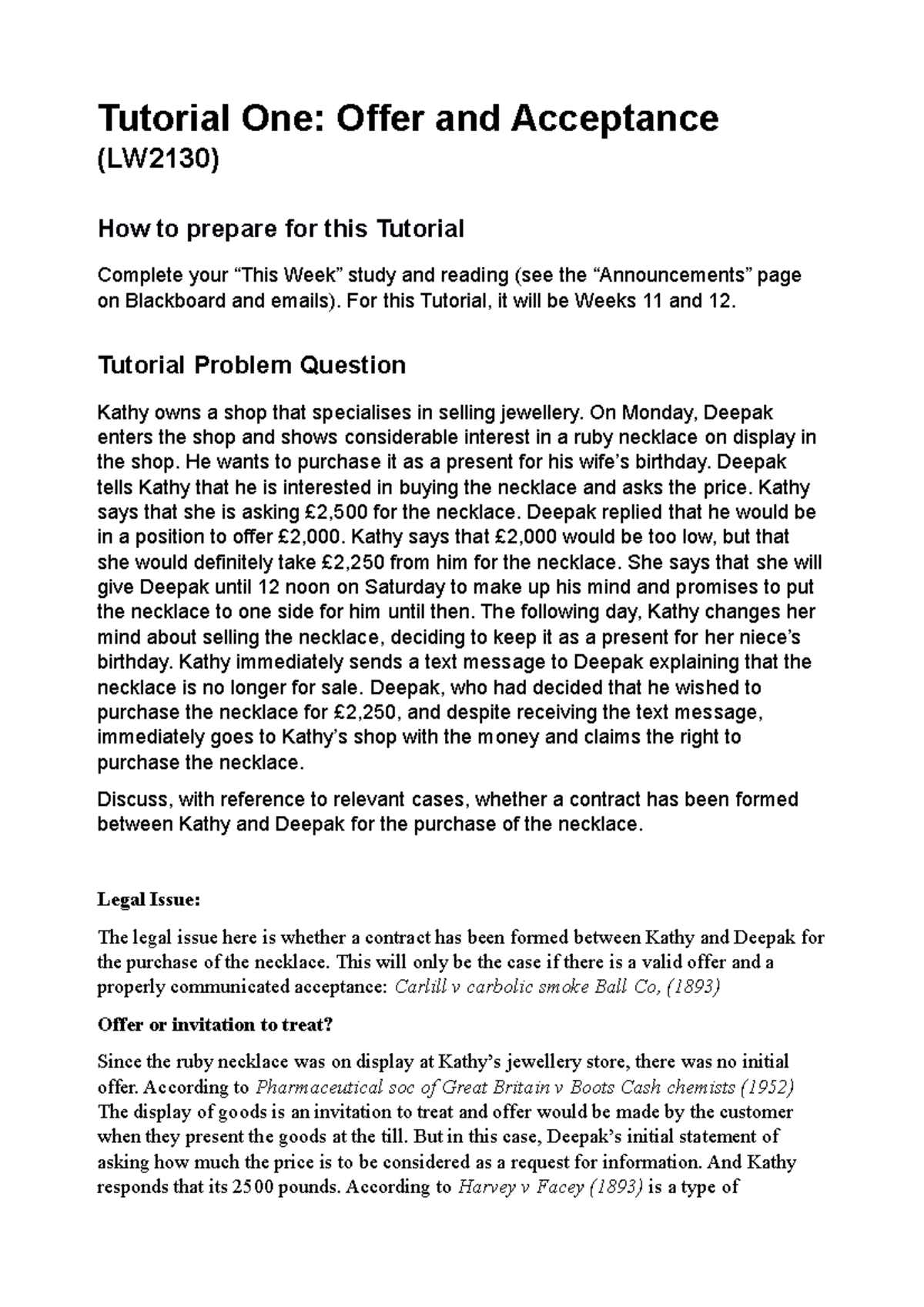 Tutorial 1 - Tutorial One: Offer and Acceptance (LW2130) How to prepare for this Tutorial ...