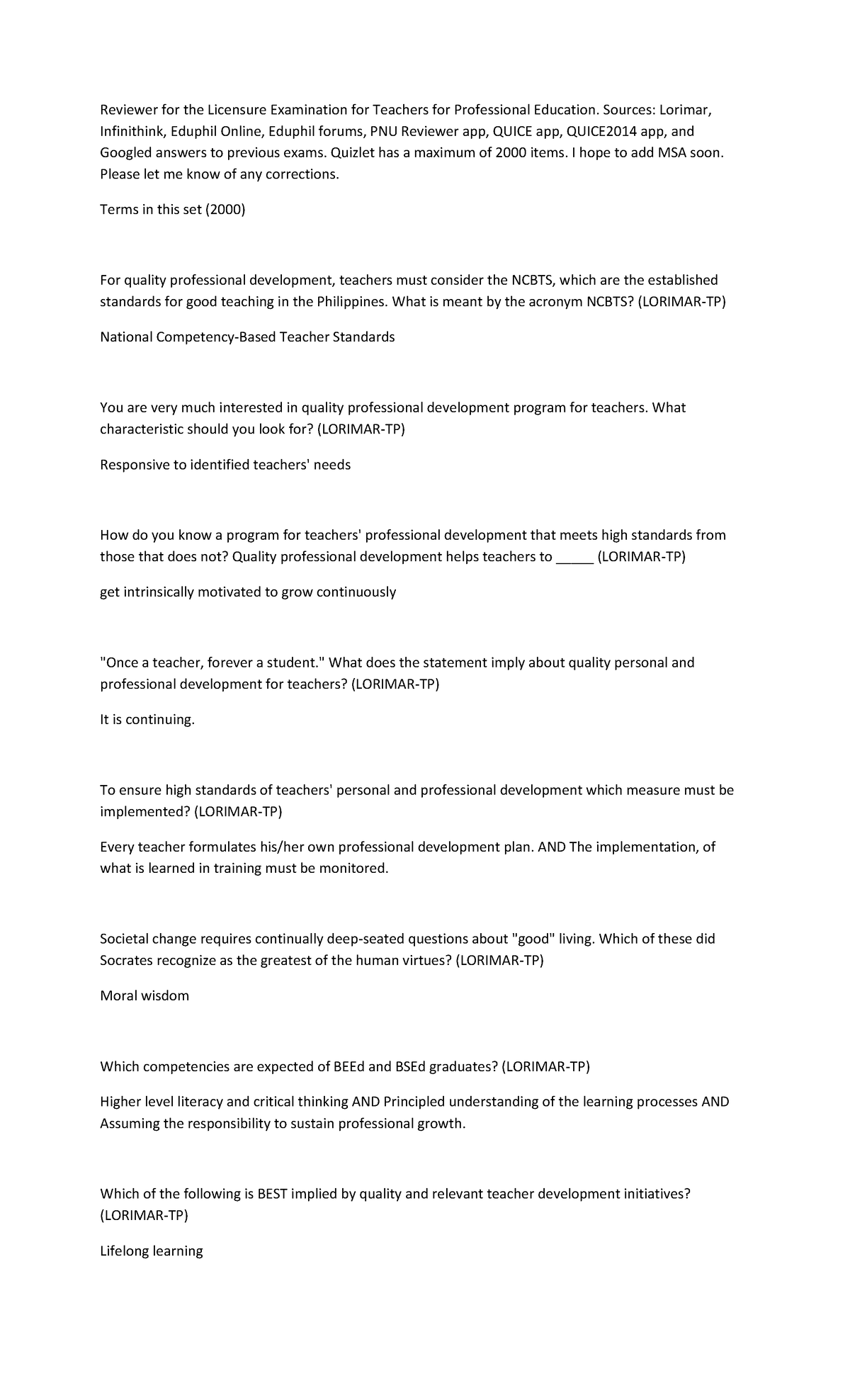 Lorimar LET Reviewer - Reviewer for the Licensure Examination for ...