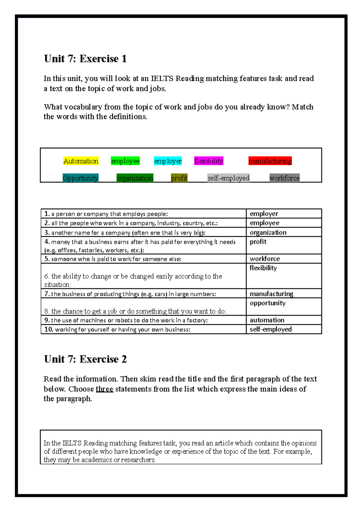 Unit 7 - Reading - TATC lv6 - Unit 7: Exercise 1 In this unit, you will look at an IELTS Reading ...