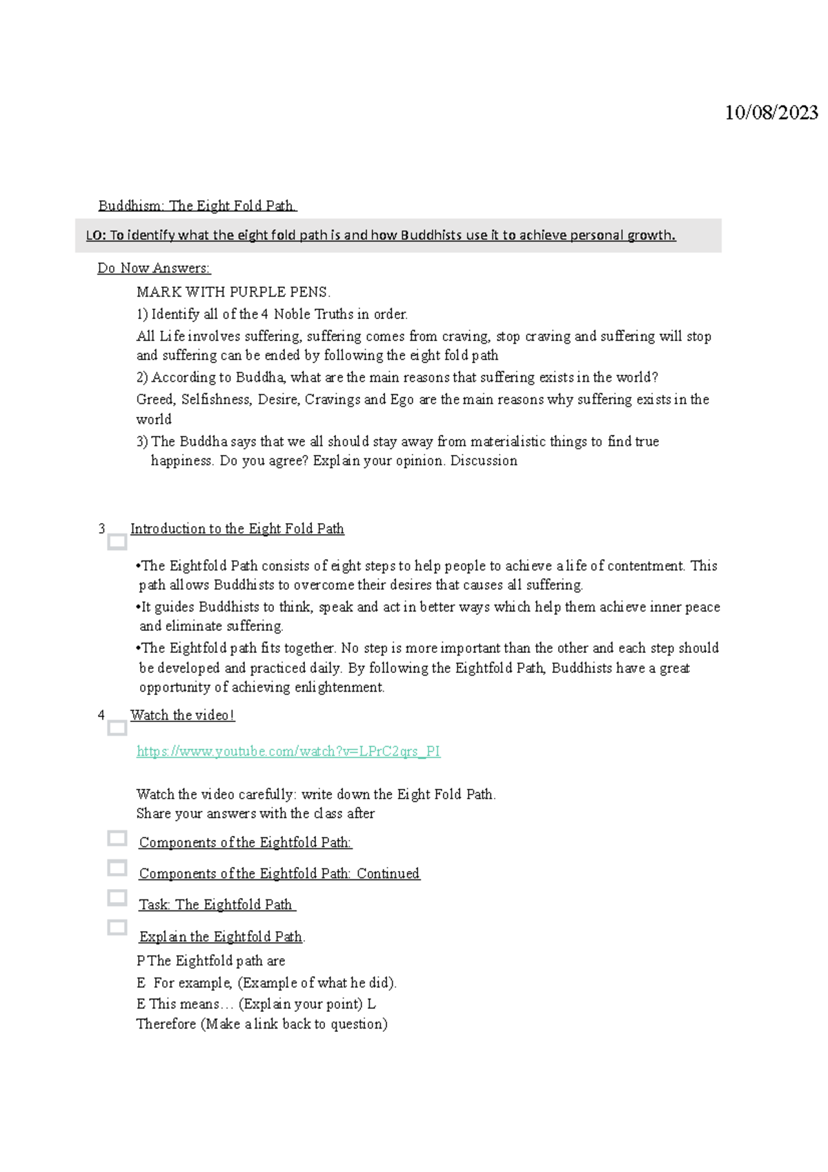 Lesson Plan final 2 - 10/08/ Buddhism: The Eight Fold Path. Do Now ...