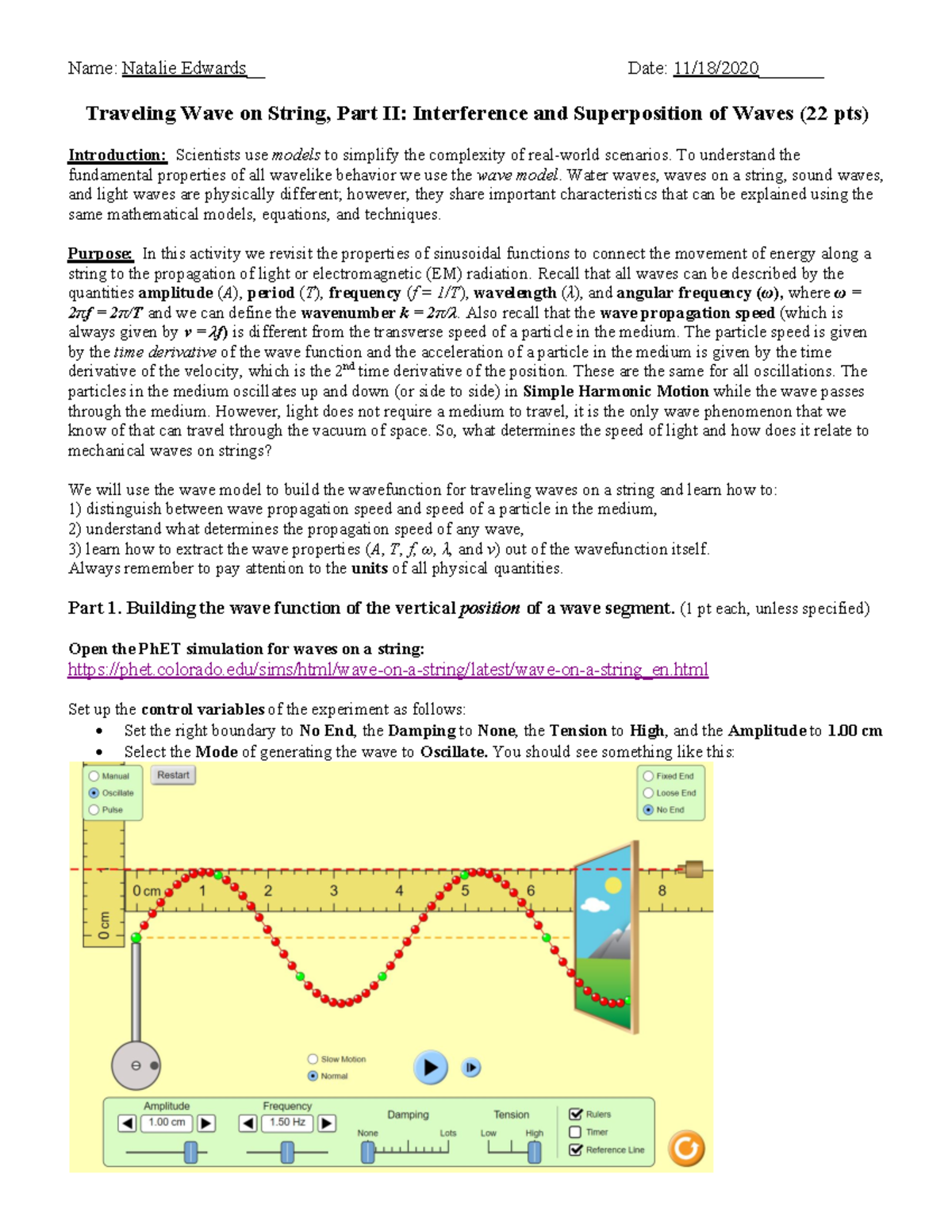 Traveling Wave on a String Ph ET sim lab v12p2 1402 - Name: Natalie ...