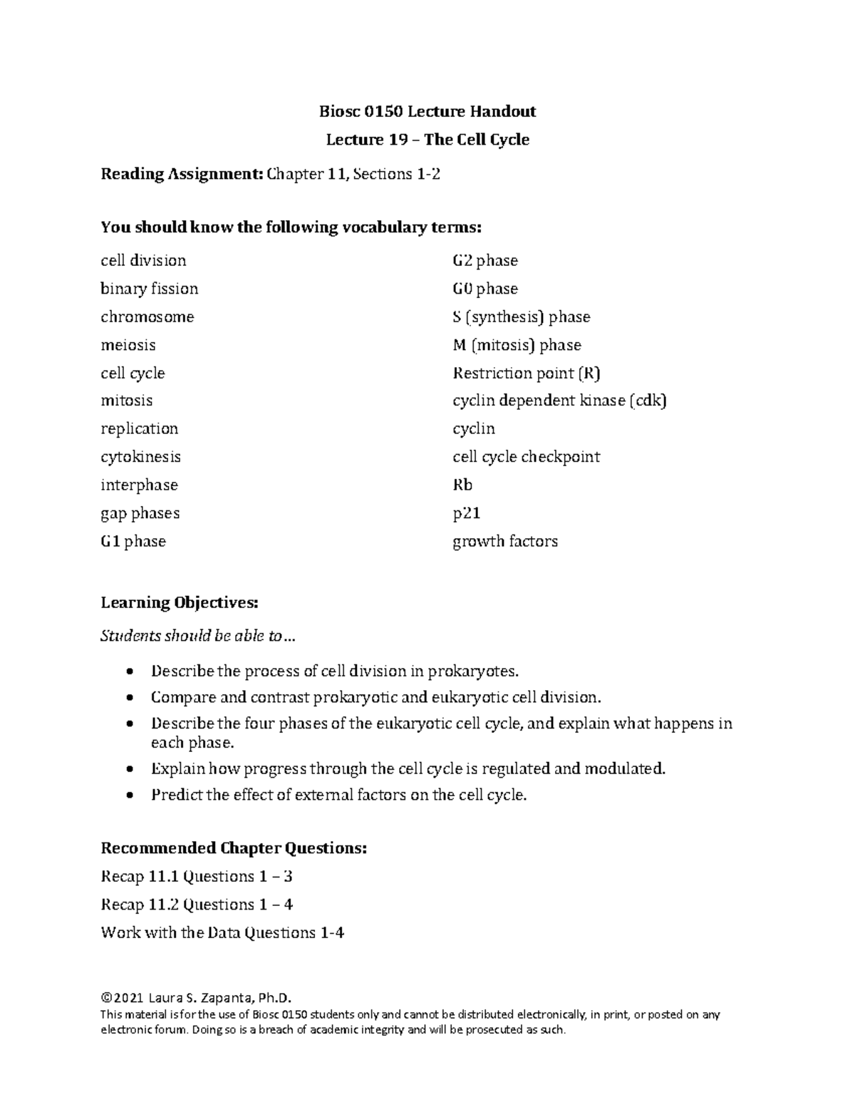 Kami Export - Lecture 19 Handout - ####### ©2021 Laura S. Zapanta, Ph. This material is for the ...