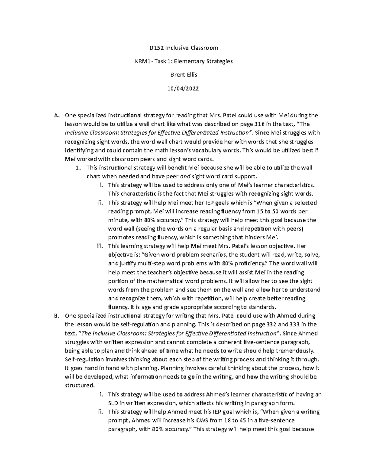 KRM1 Task 1 Brent Ellis - D152 Inclusive Classroom KRM1- Task 1 ...