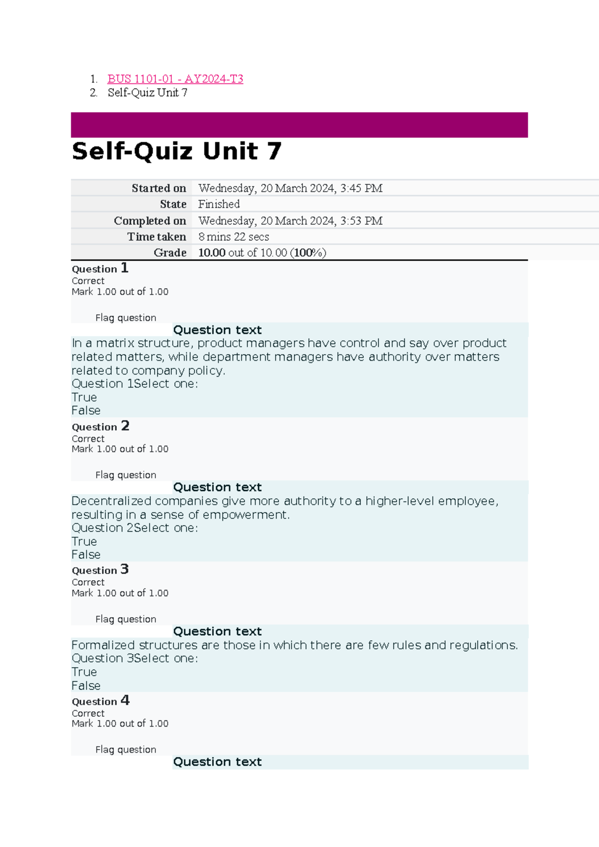 Self quiz unit 7 BUS 1101 - 1. BUS 1101-01 - AY2024-T 2. Self-Quiz Unit 7 Self-Quiz Unit 7 ...
