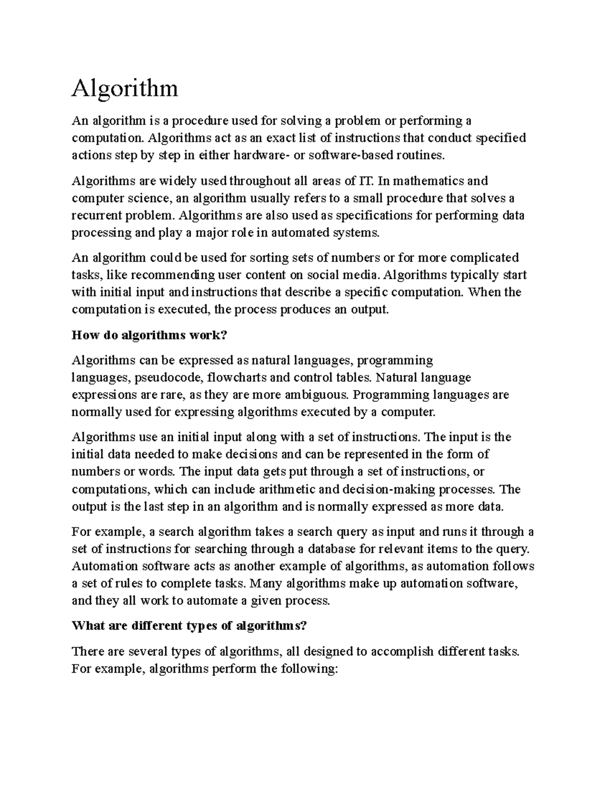 Algorithms - Algorithm An algorithm is a procedure used for solving a ...