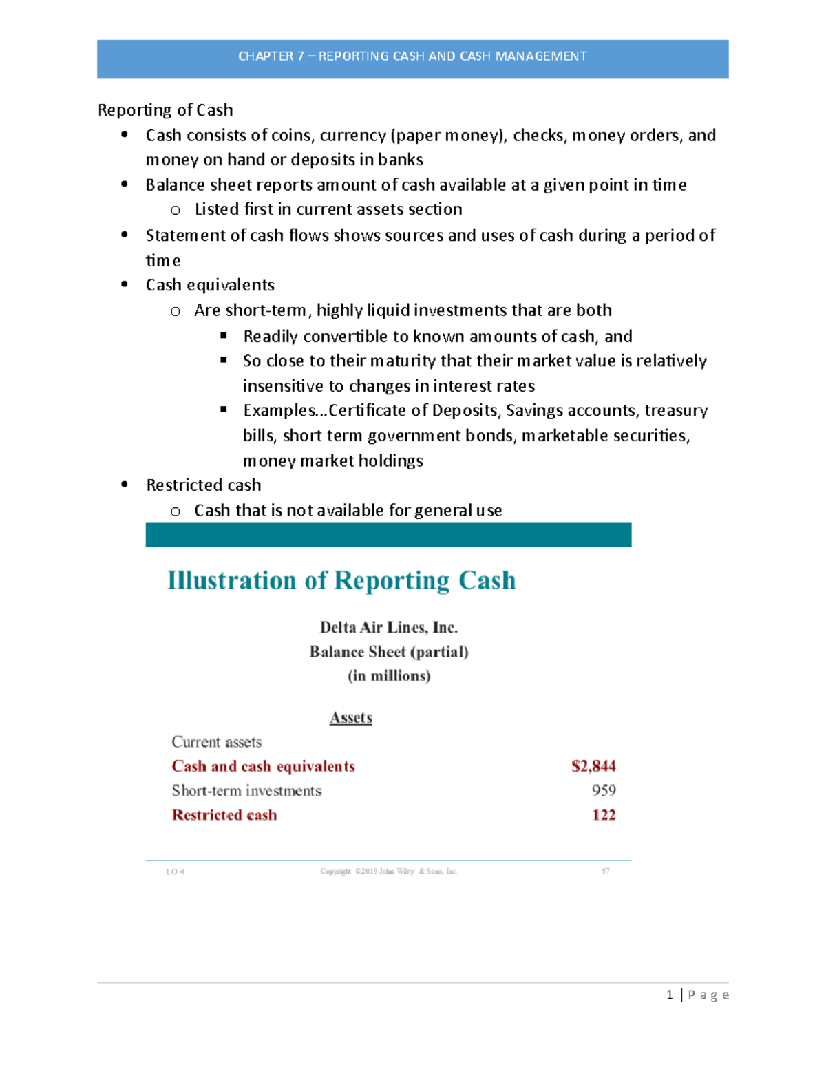 Online Ch 7 Handout ACC2100 - Reporting of Cash Cash consists of coins ...
