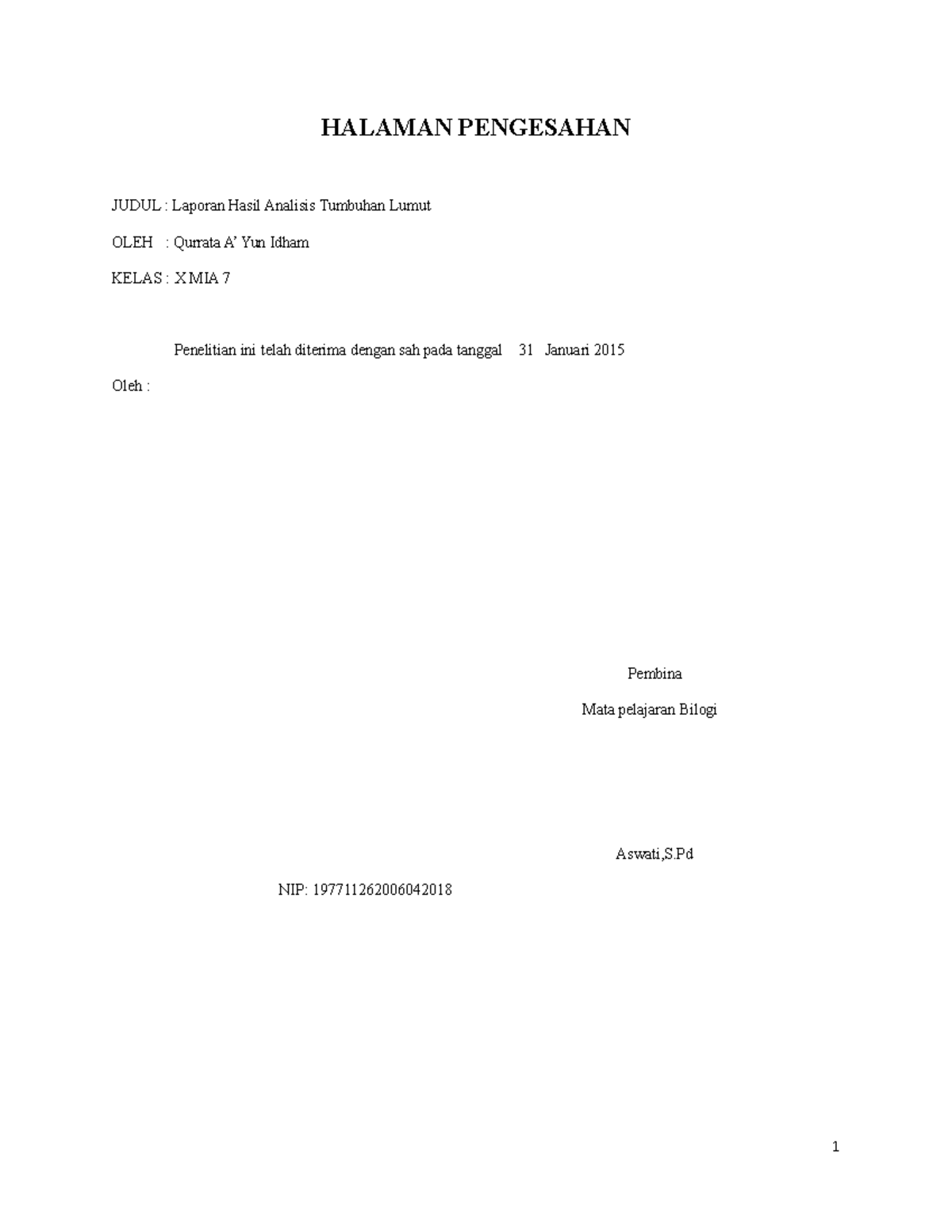 Makalah Biologi Tentang Lumut - HALAMAN PENGESAHAN JUDUL : Laporan ...