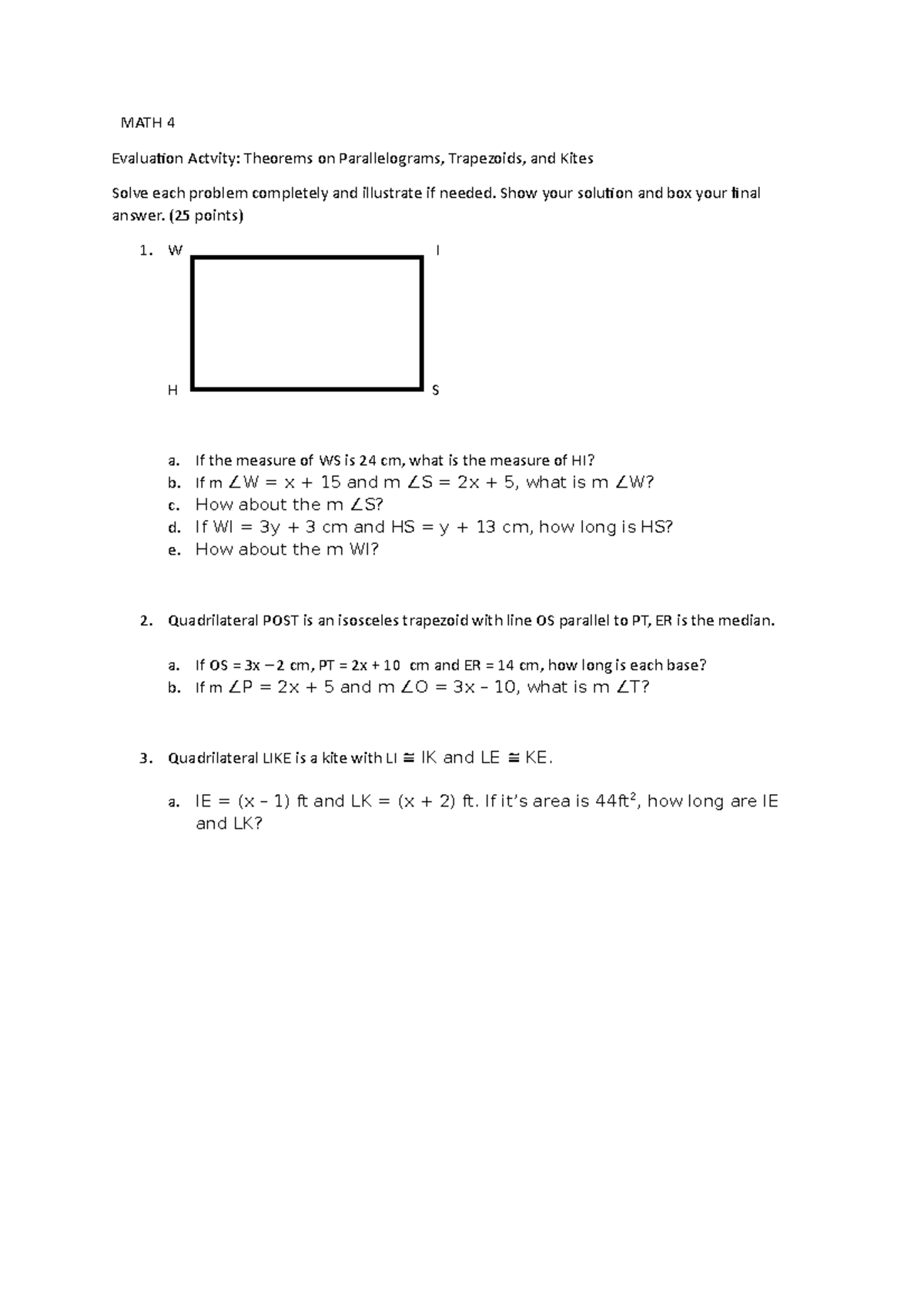 Activity - Basic Math Geometry Activities - MATH 4 Evaluation Actvity ...