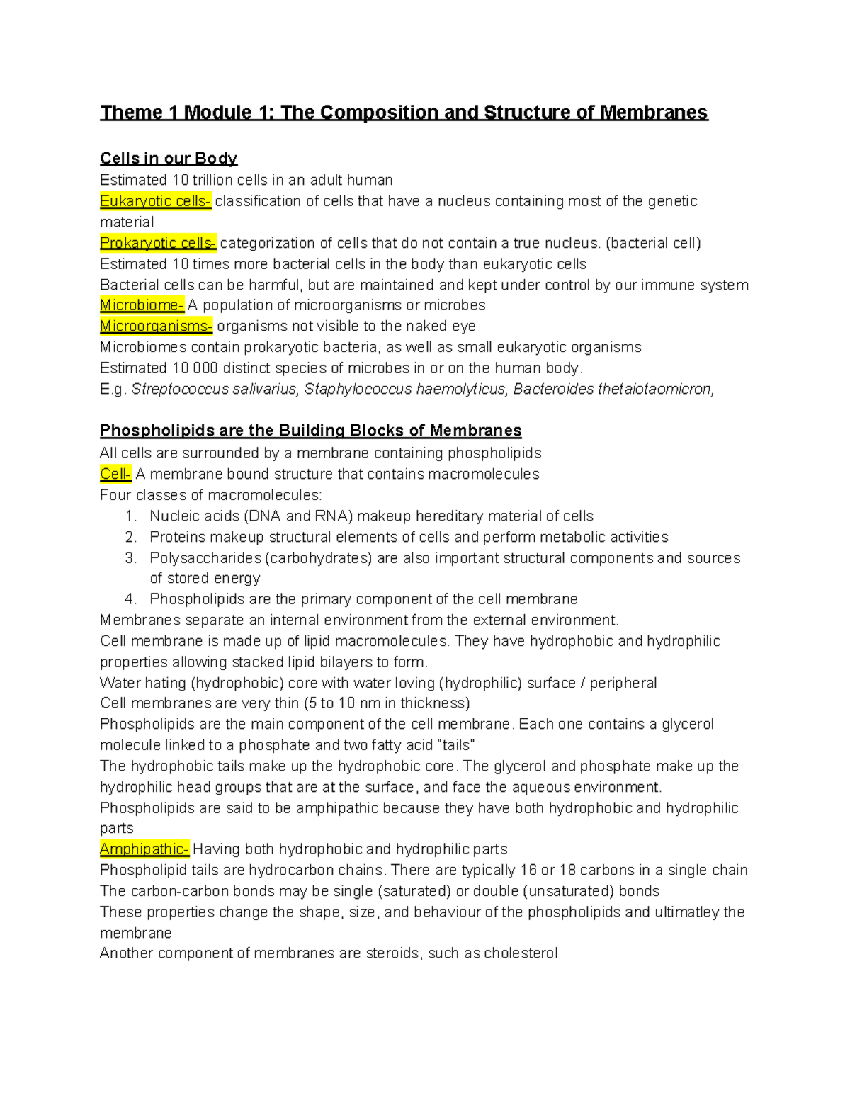 Biology 1A03 Module Notes - Theme 1 Module 1: The Composition and ...