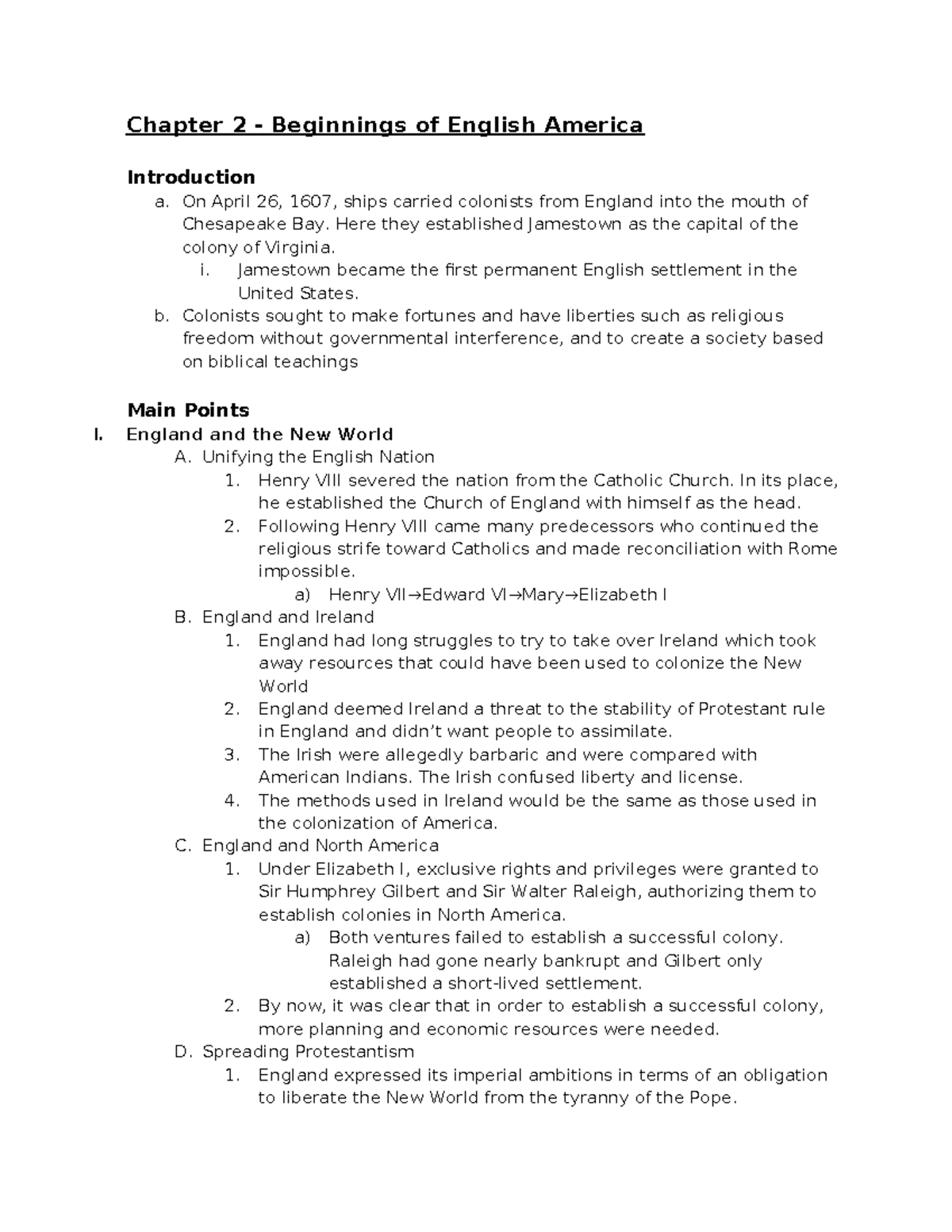 Chapter 2 Outline-US History 1 - Chapter 2 - Beginnings of English ...