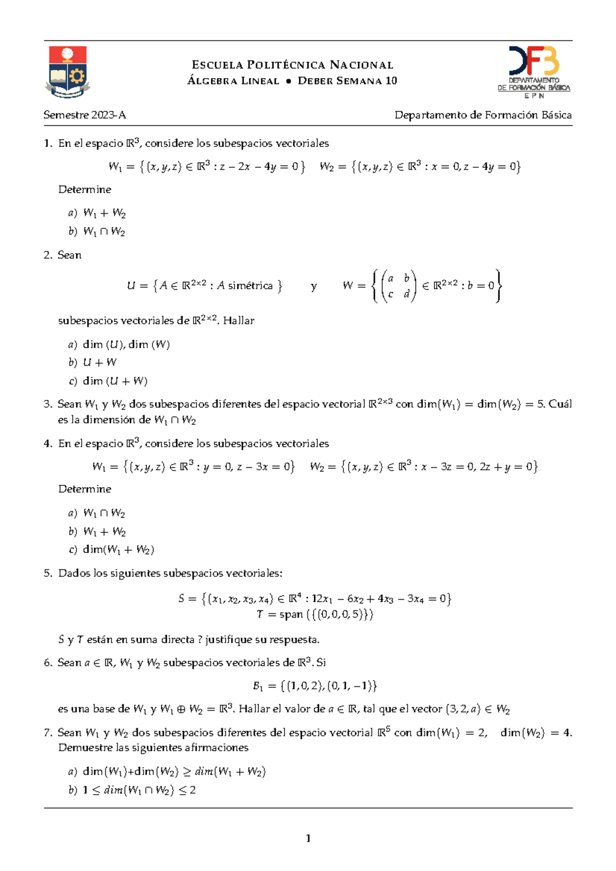 Lineal Deber 10 - vvvvvvvvvvvvvv - ESCUELA POLITÉCNICA NACIONAL ÁLGEBRA LINEAL • DEBER SEMANA 10 ...