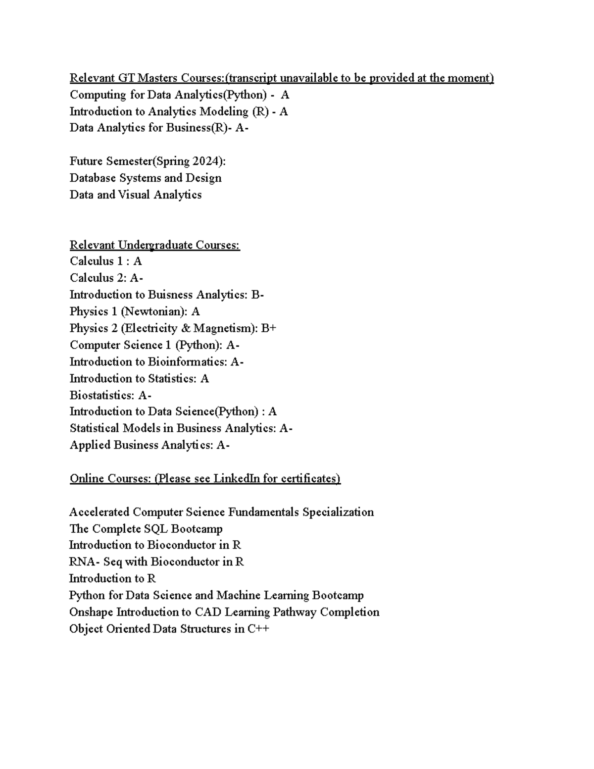 Relavant Coursework - Relevant GT Masters Courses:(transcript ...