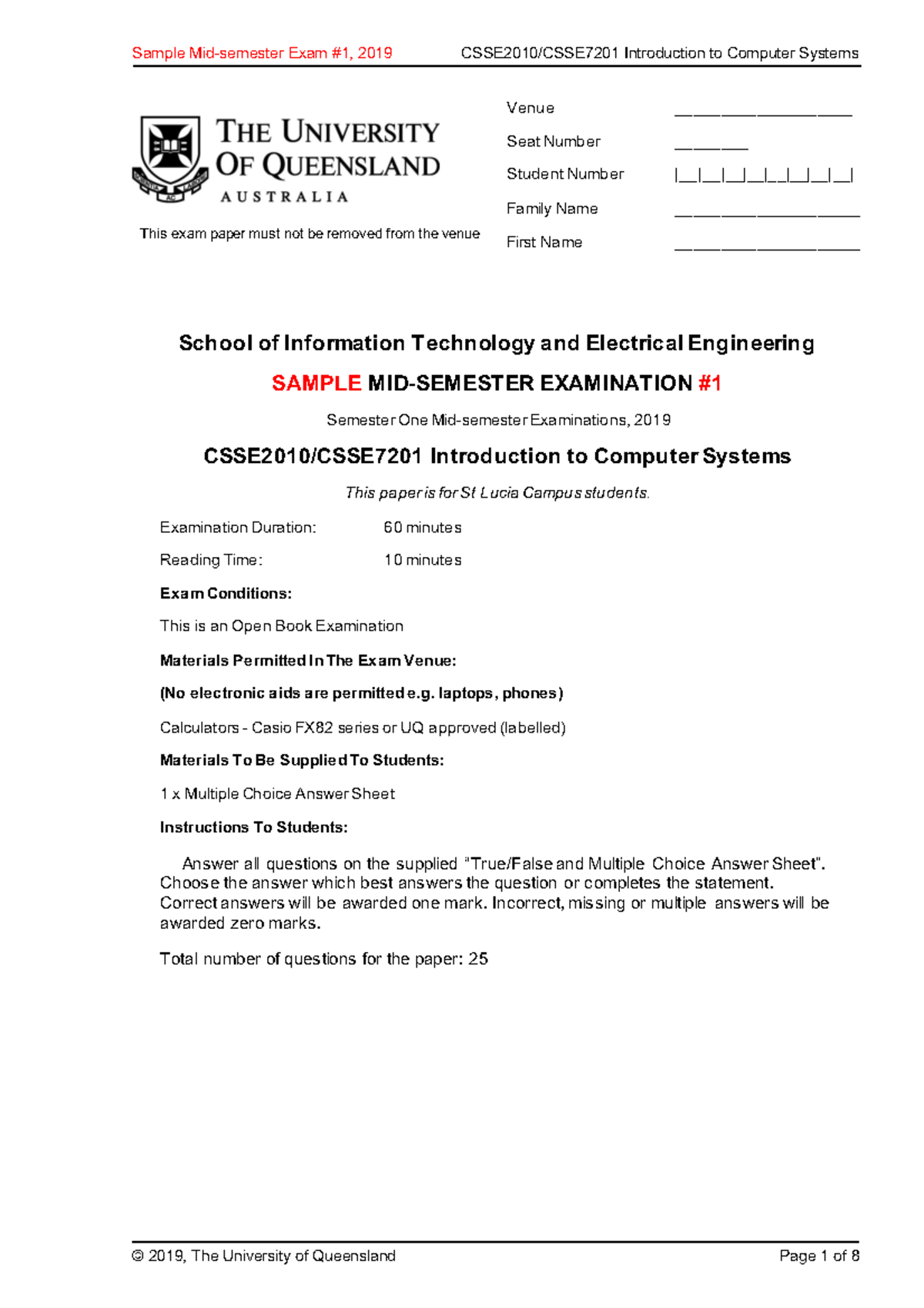 Sample/practice exam 2019, questions - Sample Mid-semester Exam #1, 2019 CSSE2010/CSSE7201 - Studocu