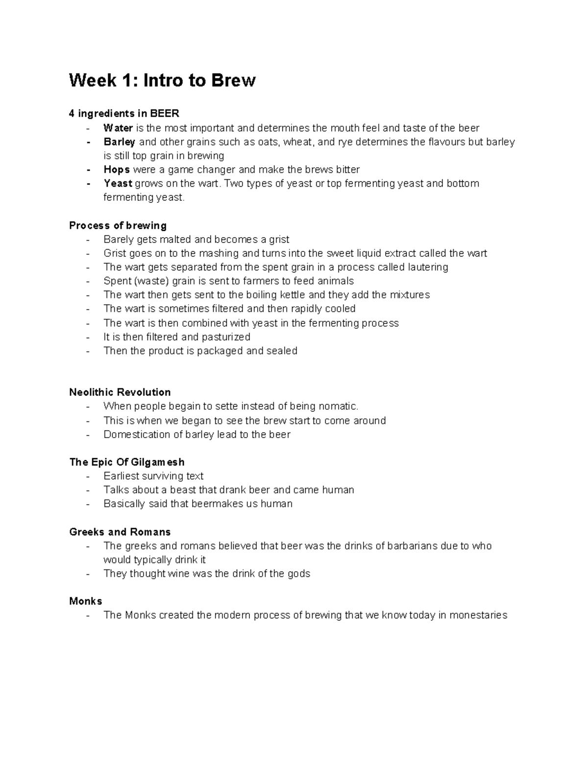 BEER - Notes - Week 1: Intro to Brew 4 ingredients in BEER - Water is ...