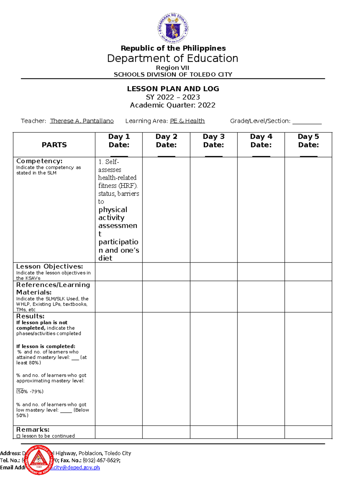 Day 1 Aug HOPE Lesson-Plan-and-Log - Republic of the Philippines ...