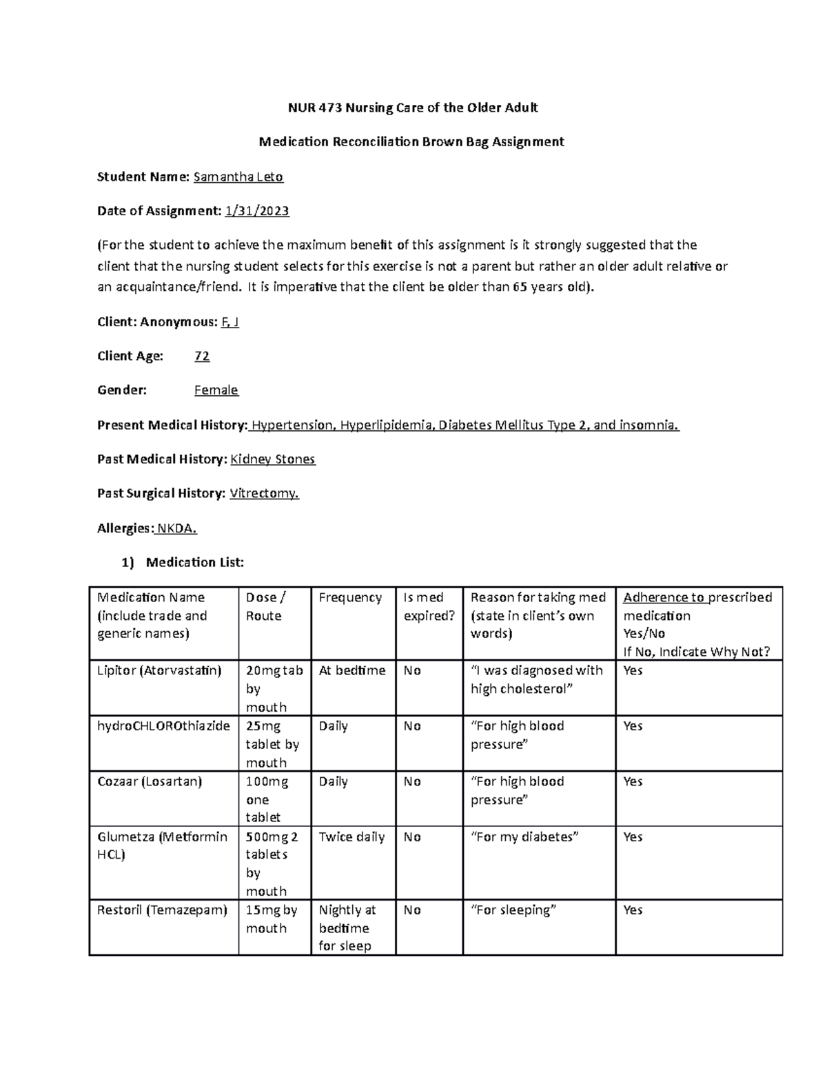 Medication Brown Bag assignment - NUR 473 Nursing Care of the Older Adult Medication ...