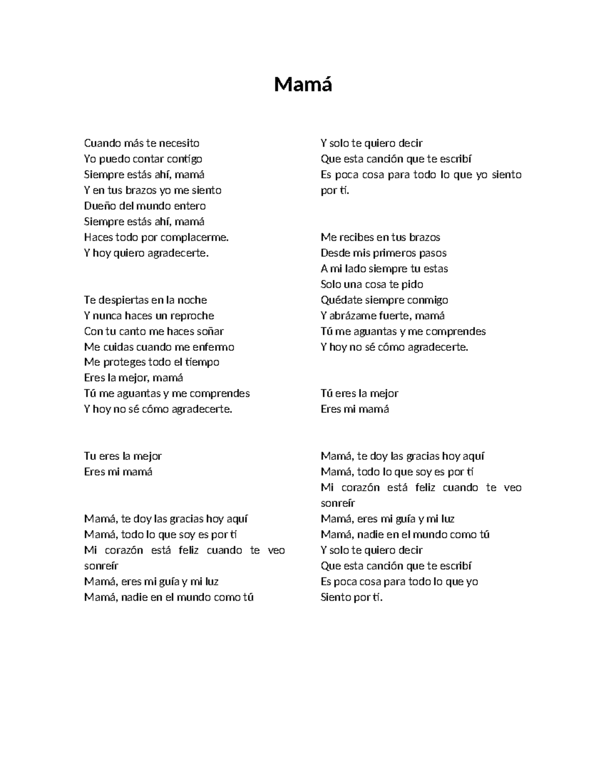 Canción Bely y Beto Mamá - Mamá Cuando más te necesito Yo puedo contar ...