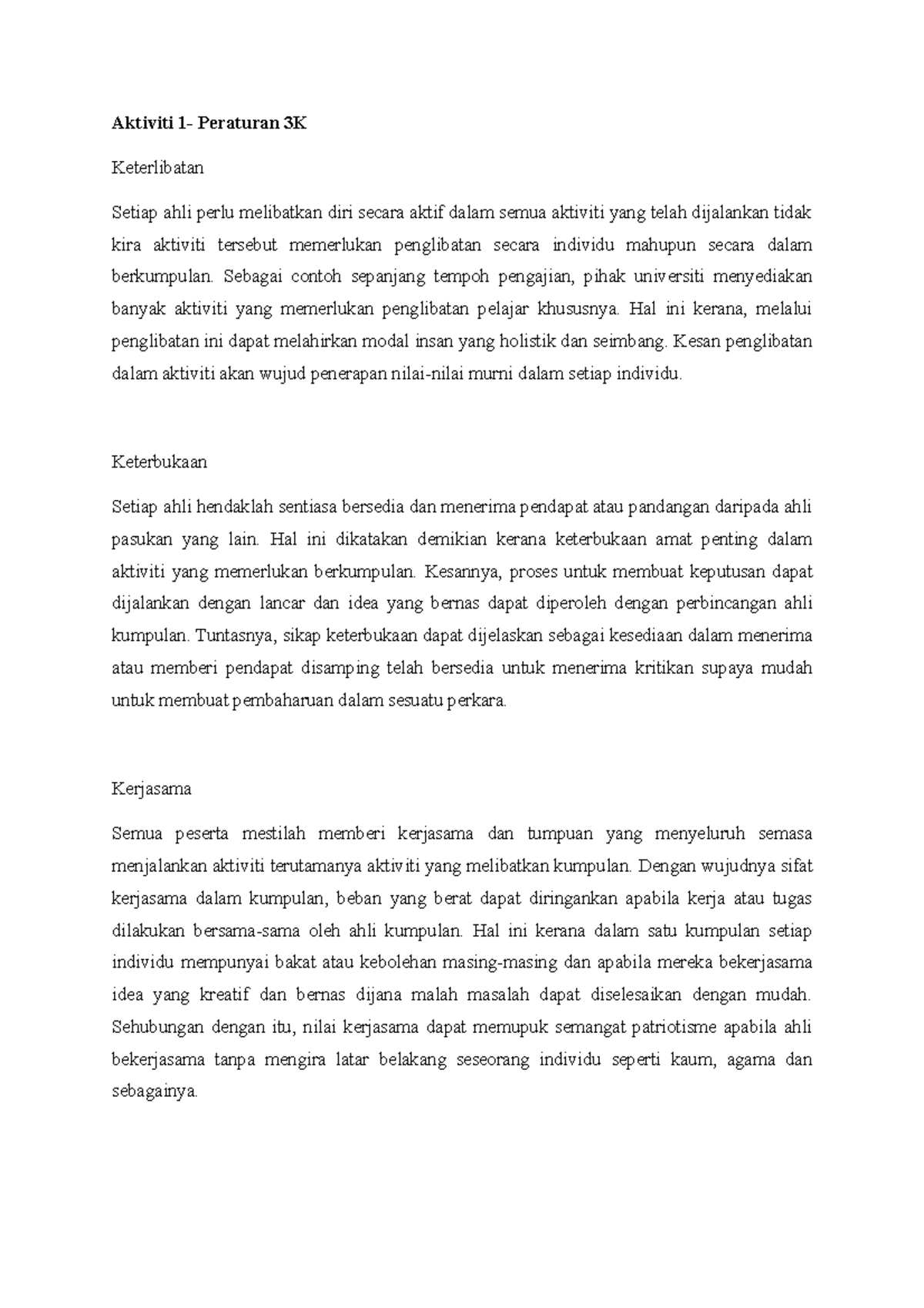 Aktiviti 1 Peraturan 3K HBU111 - Aktiviti 1- Peraturan 3K Keterlibatan ...