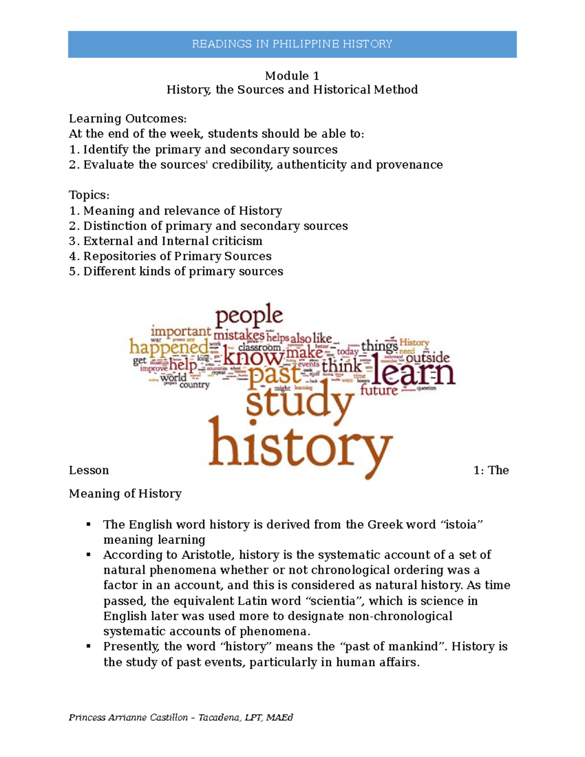 Readings in Philippine History (RPM) Module - Module 1 History, the ...