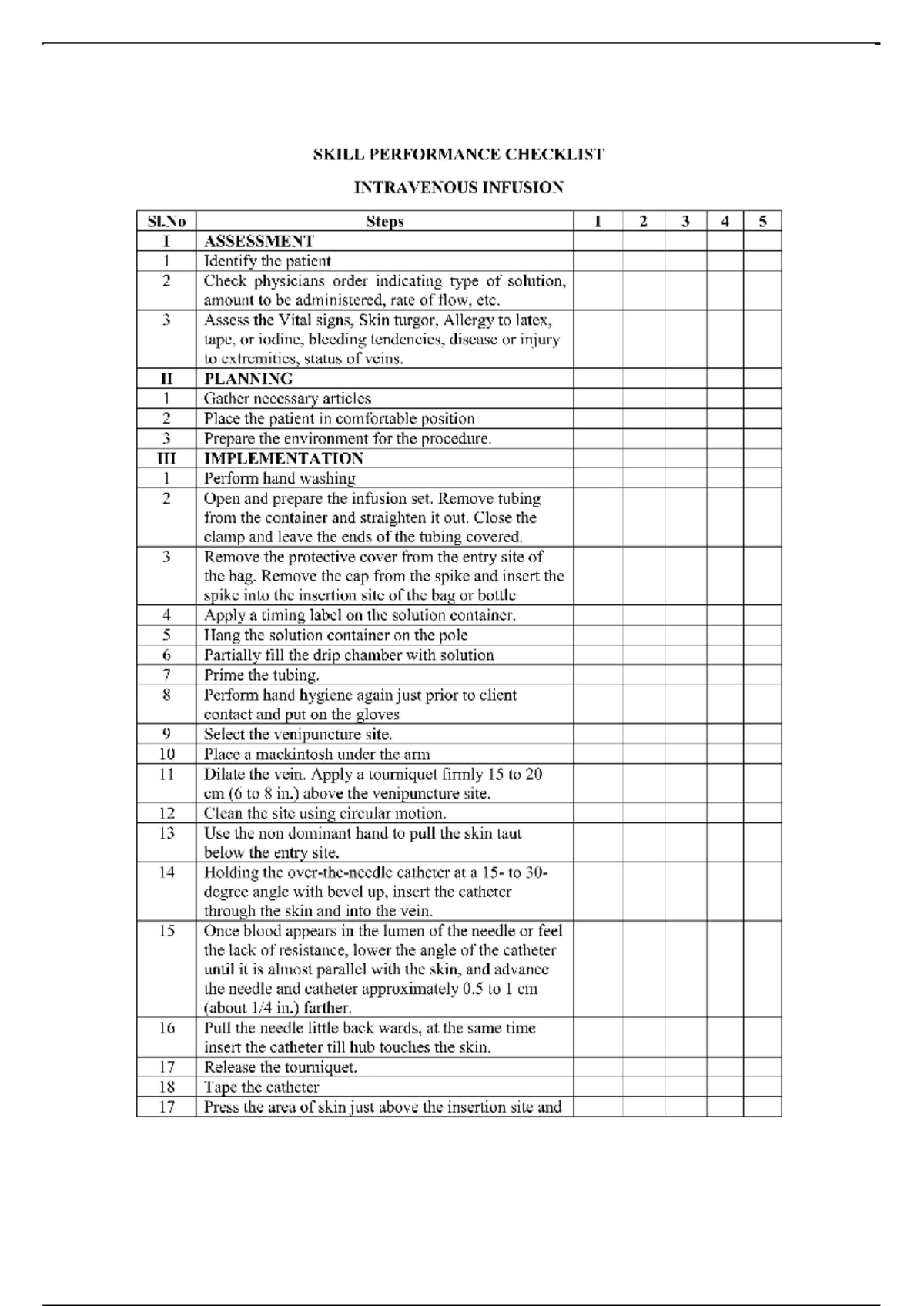 IV cannula placement - SKILL PERFORMANCE CHECKLIST INTRAVENOUS INFUSION ...