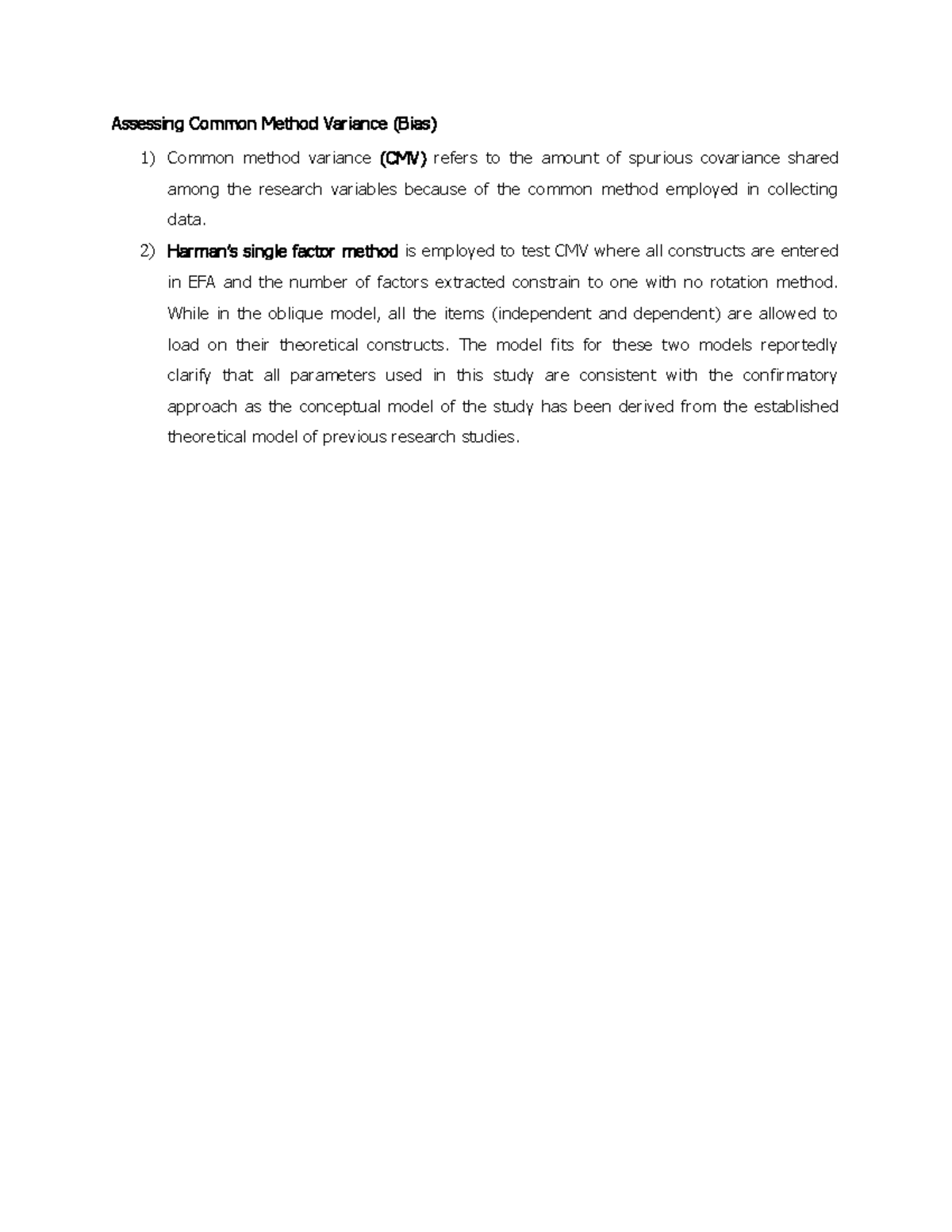 Assessing Common Method Variance (Bias) - 2) Harman’s single factor ...