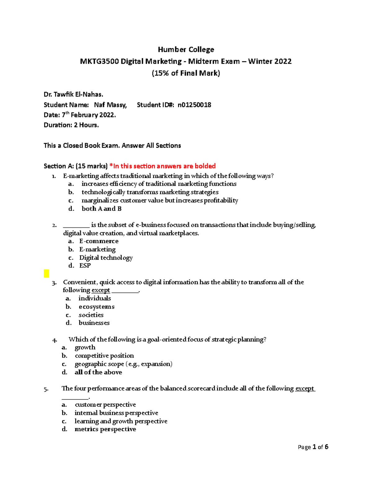 Digital Marketing-Midterm Test - Humber College MKTG3500 Digital ...