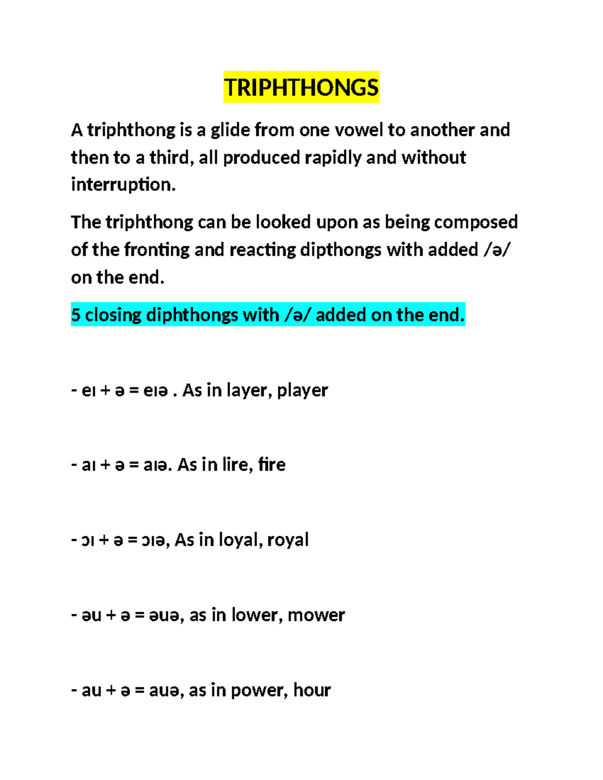 Triphthongs - đề cương - TRIPHTHONGS A triphthong is a glide from one ...