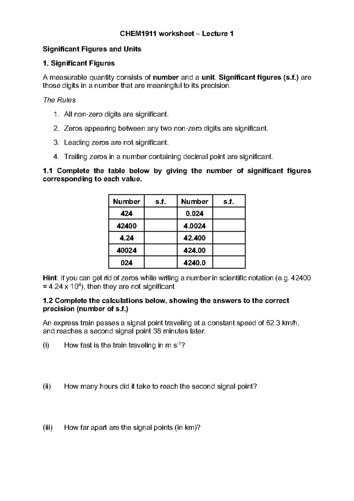 Chem Worksheets - CHEM1 91 1 worksheet – Lecture 1 Significant Figures ...