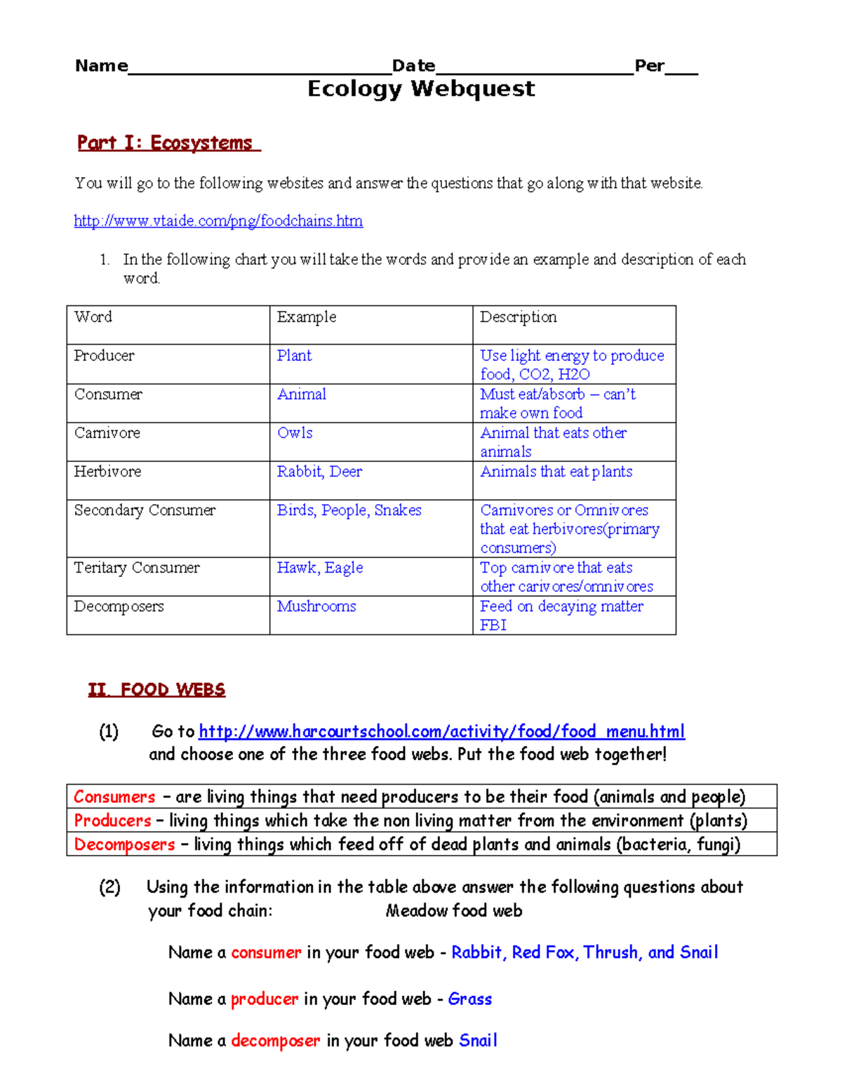 Ecology webquest day 1 key - Name________________________________Date