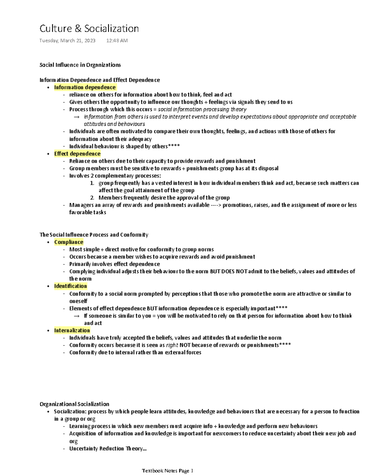 Culture & Socialization - Social Influence in Organizations Information ...