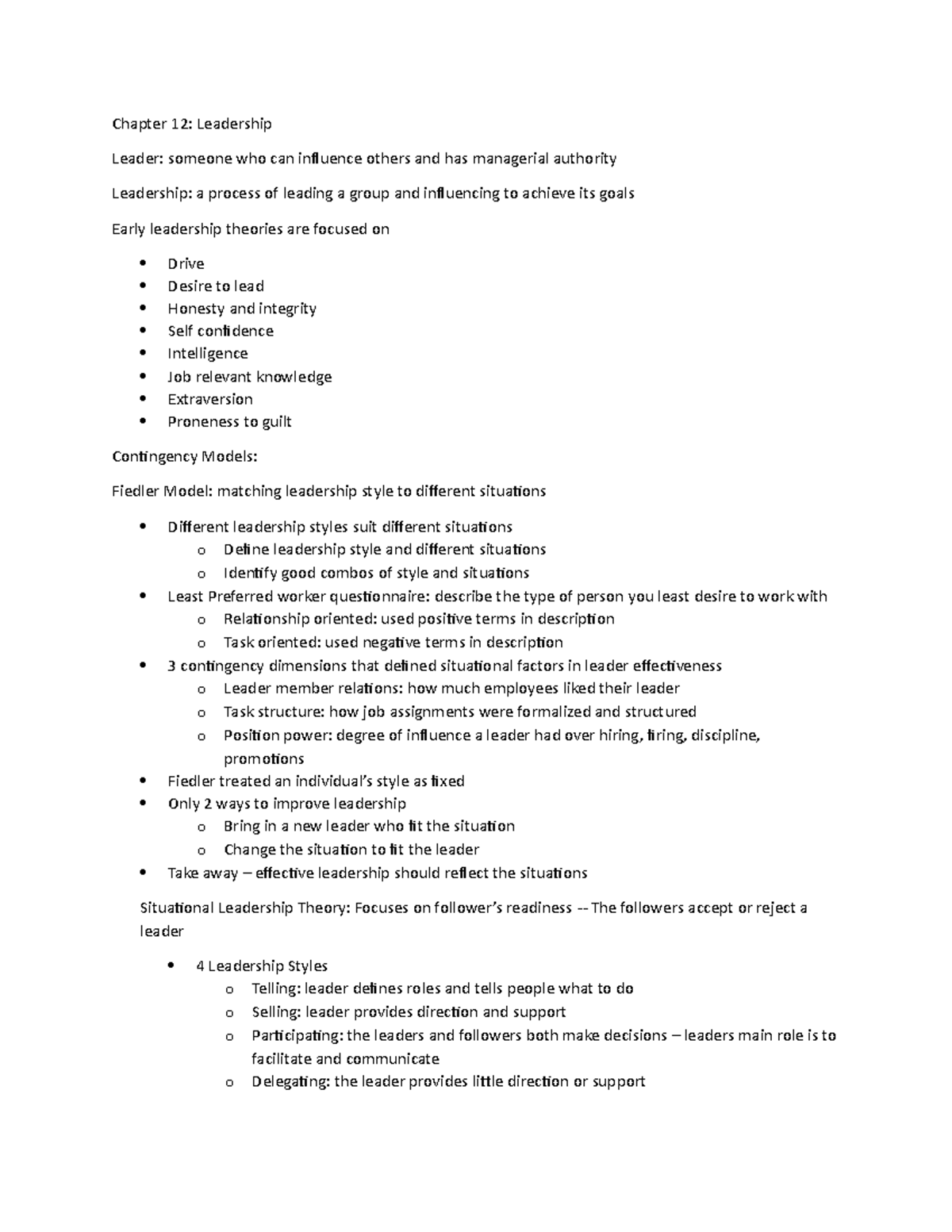 Chapter 12 - Chapter 12: Leadership Leader: someone who can influence ...