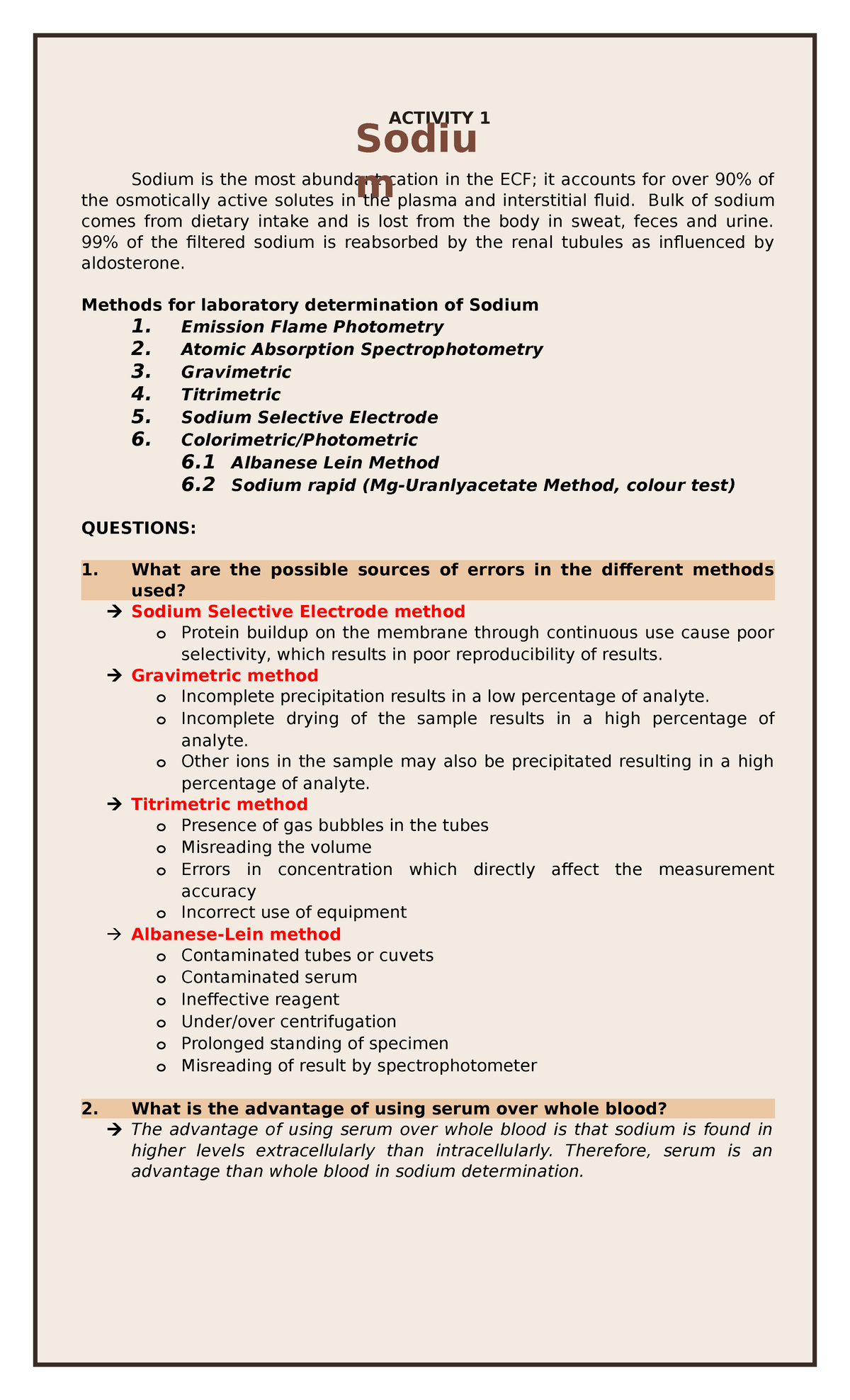 Electrolytes (Sodium) - ACTIVITY 1 Sodium is the most abundant cation ...