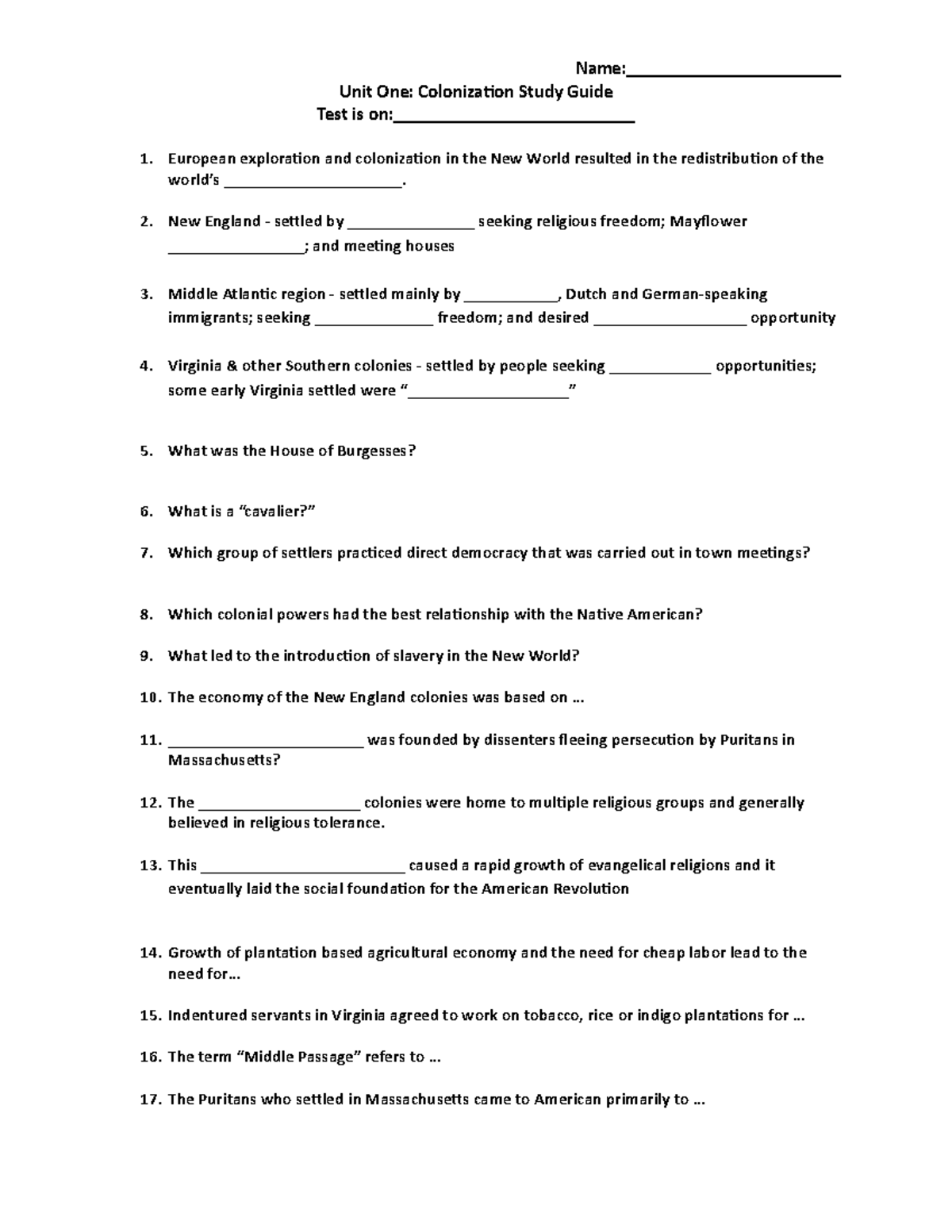 1 Unit 1 Study Guide - Name:_______________________ Unit One ...