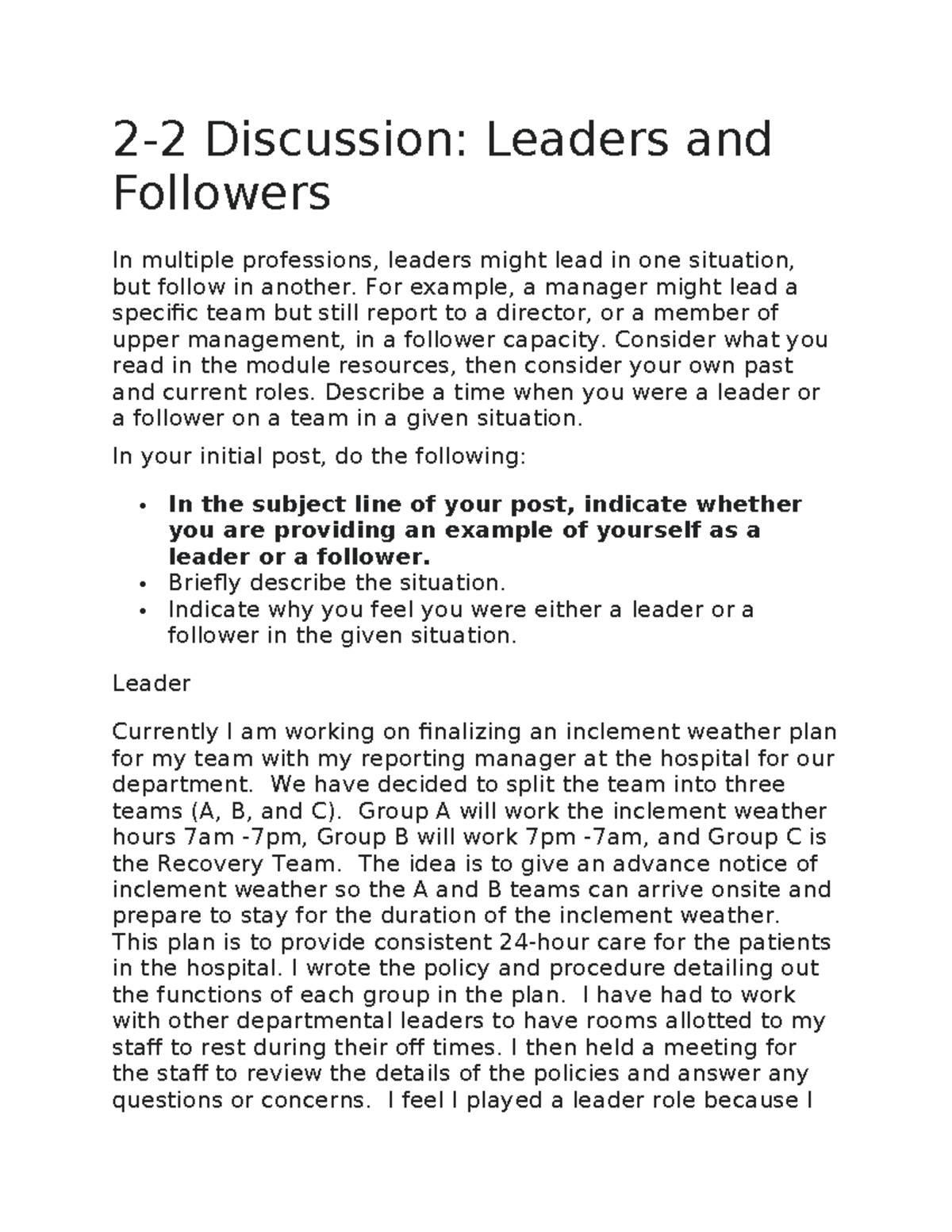 Week 2 Discussion Leader - 2-2 Discussion: Leaders and Followers In ...