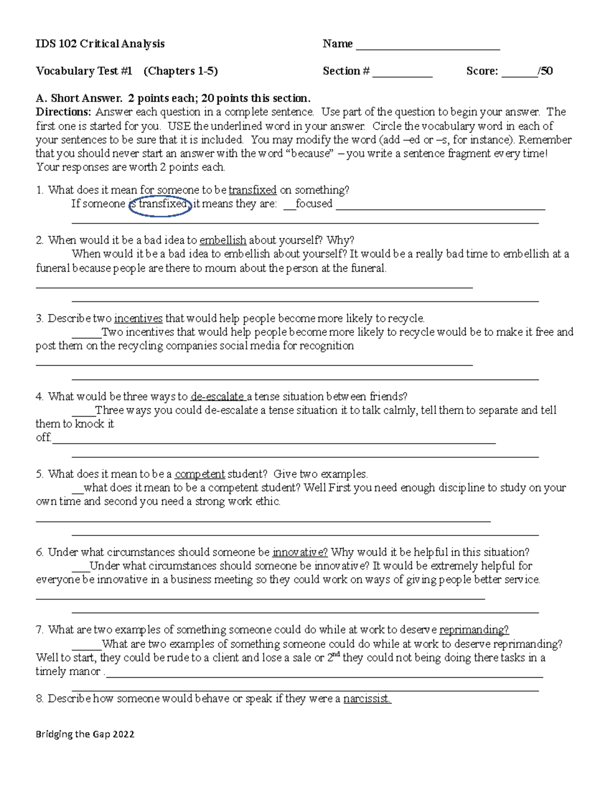 Cha 1-5 Vocab Test - course work example - IDS 102 Critical Analysis ...