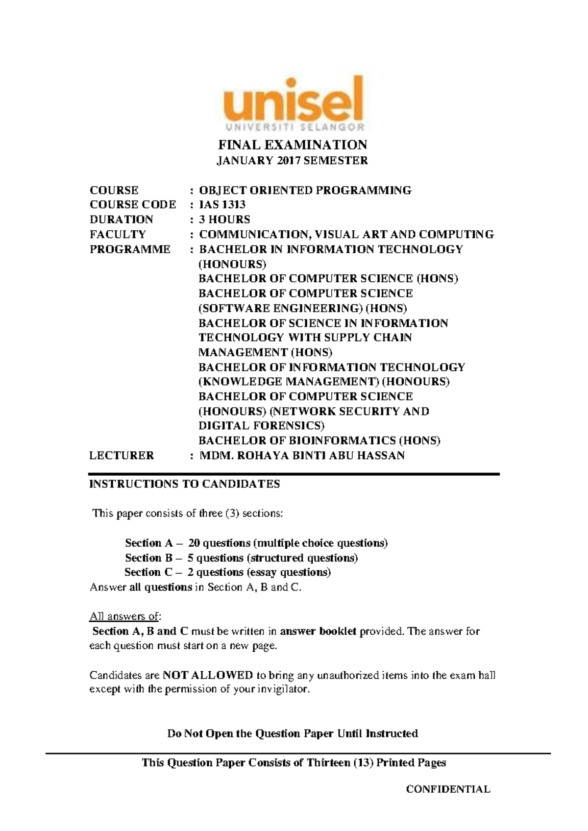 OBJECT ORIENTED PROGRAMMING - FINAL EXAM JAN 2017 - CONFIDENTIAL FINAL EXAMINATION JANUARY 2017 ...