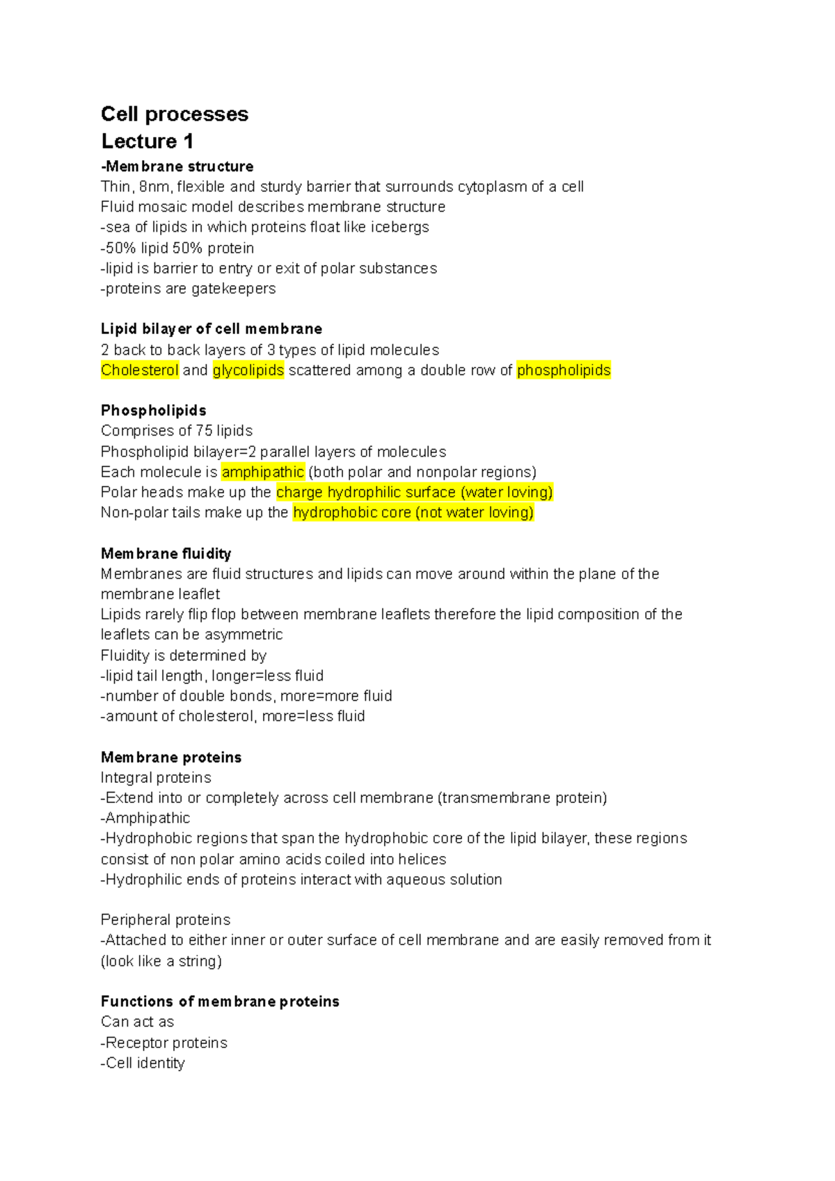 Cell processes - Google Docs - Cell processes Lecture 1 -Membrane ...