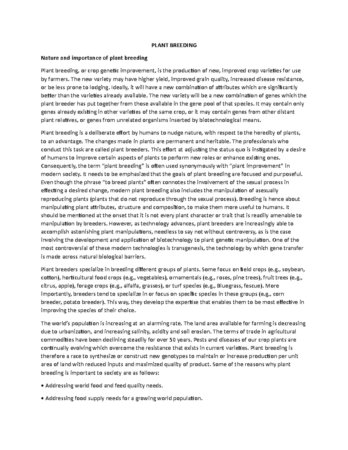 Plant Breeding - PLANT BREEDING Nature and importance of plant breeding ...