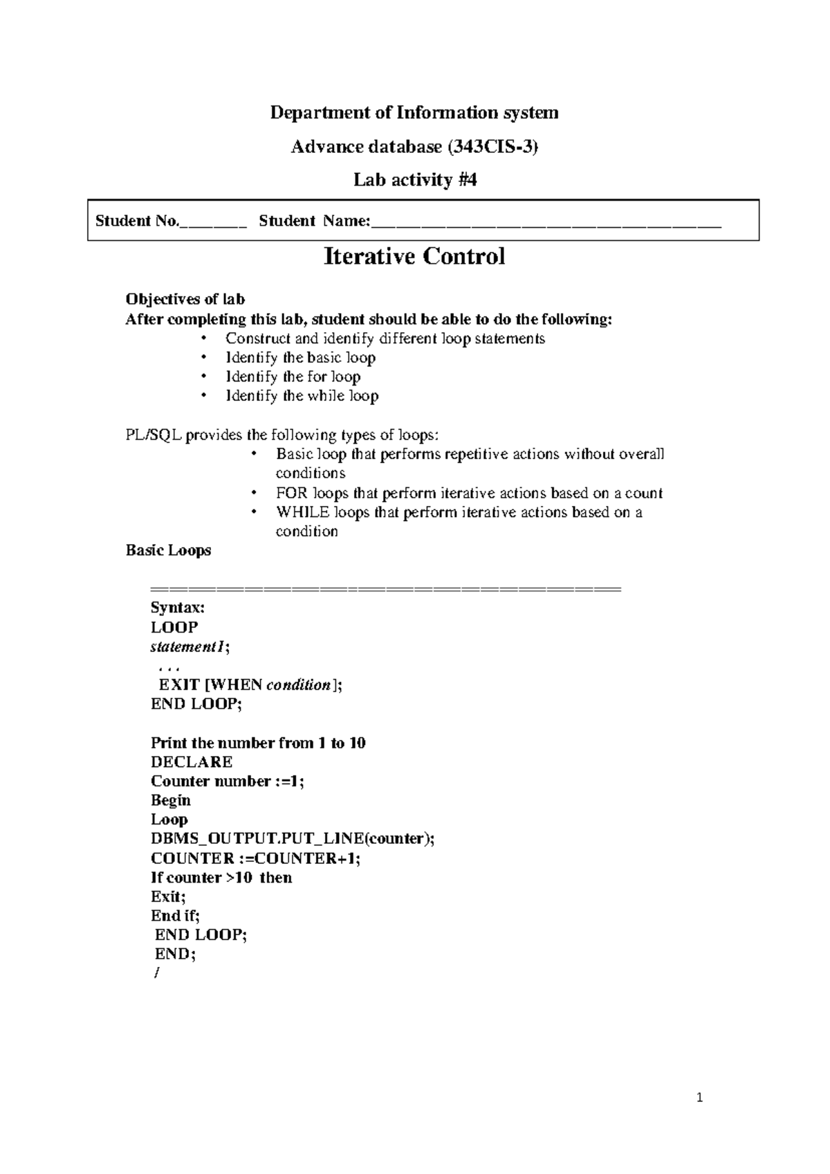 Lab activity 4 - lab 4 sole - Department of Information system Advance database (343CIS-3) Lab ...