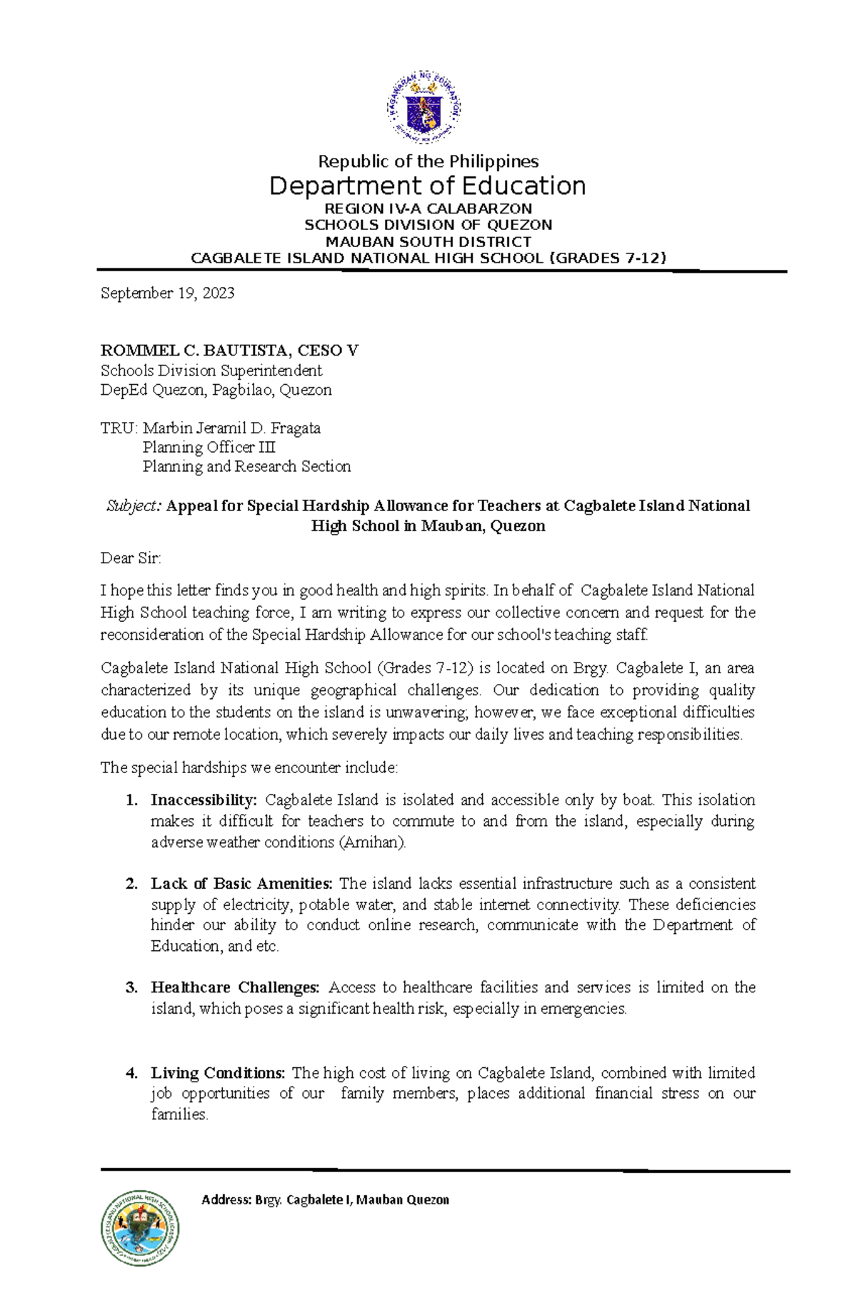 Cinhs Request for Hardship Allowance - Republic of the Philippines ...