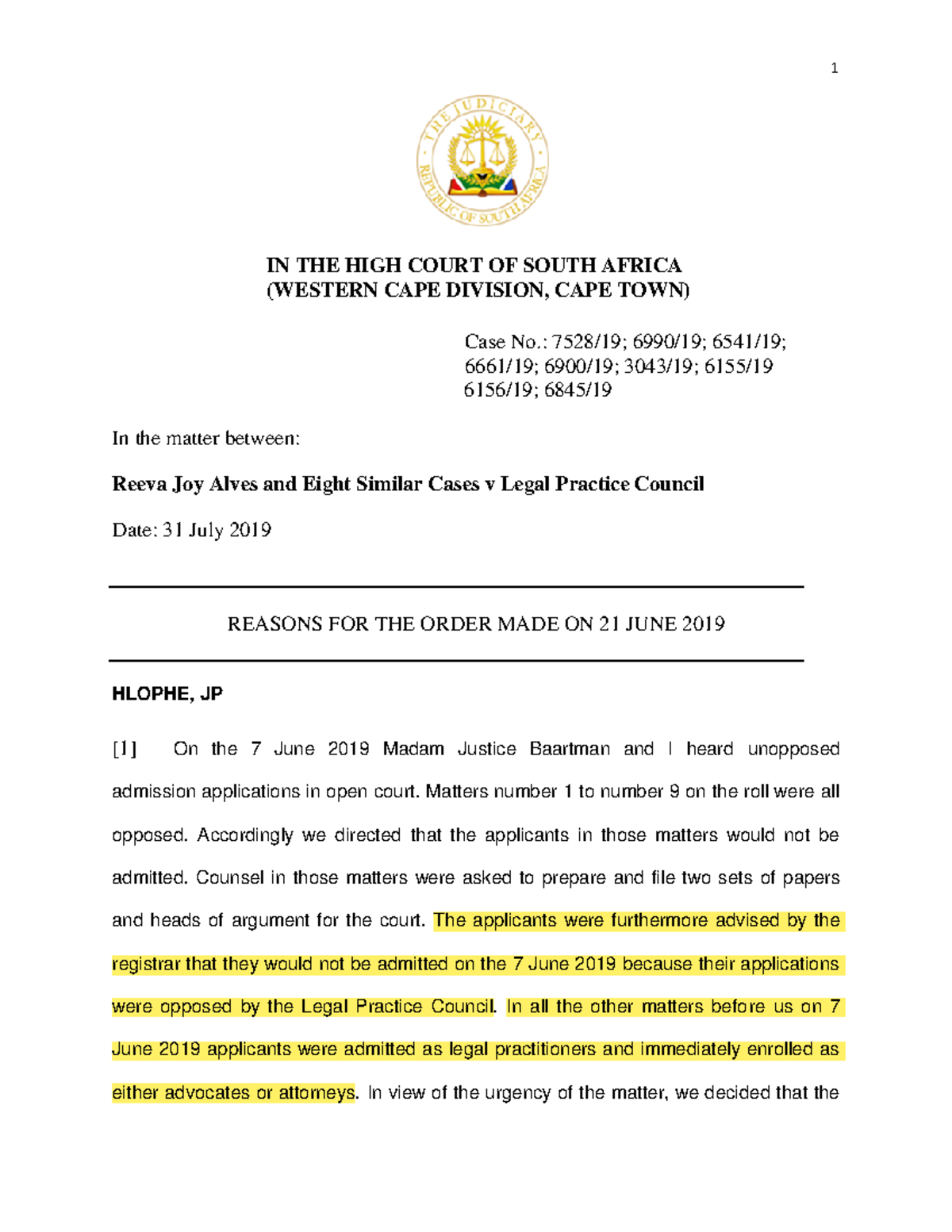 Alves Case - IN THE HIGH COURT OF SOUTH AFRICA (WESTERN CAPE DIVISION ...