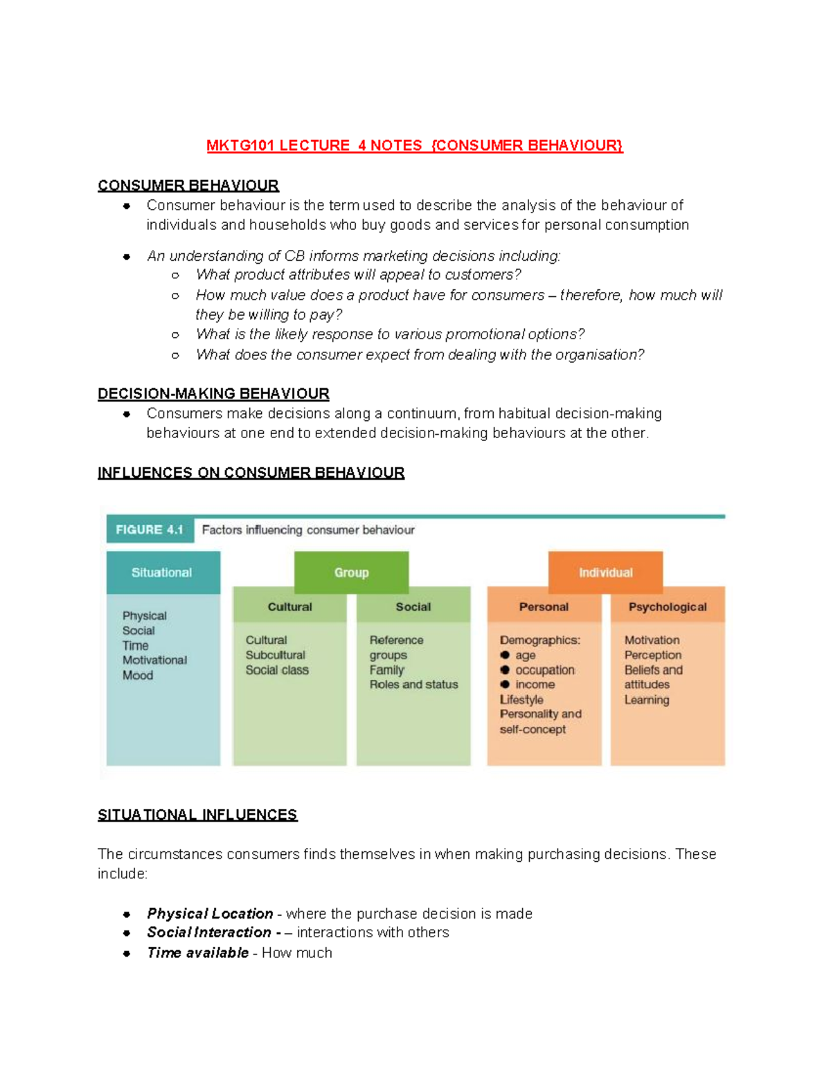 Marketing Fundamentals Lecture 4 - MKTG101 LECTURE 4 NOTES {CONSUMER ...