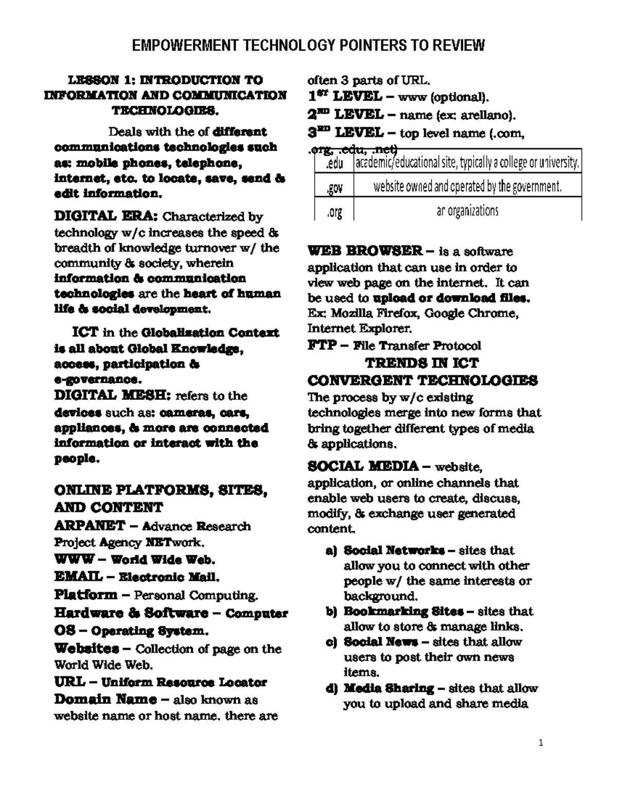 EMP TECH Pointers TO Review - LESSON 1: INTRODUCTION TO INFORMATION AND COMMUNICATION ...