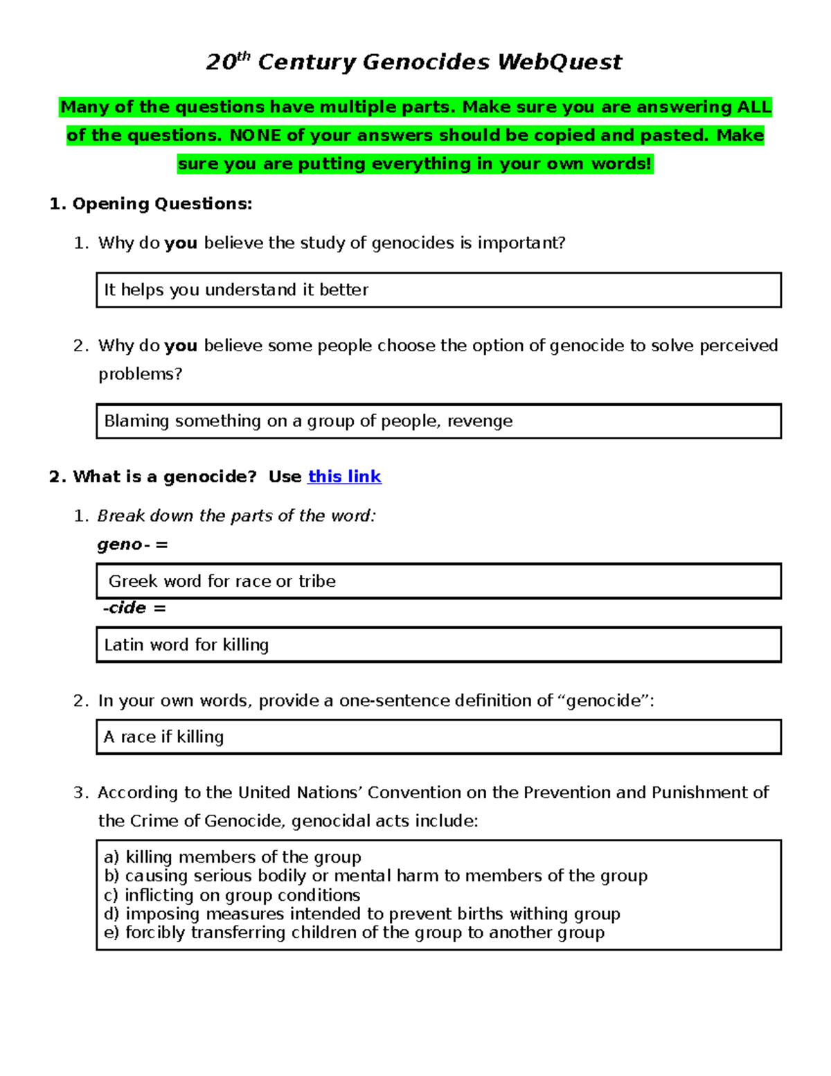 20th Century Genocides Web Quest assignment - 20 th Century Genocides ...